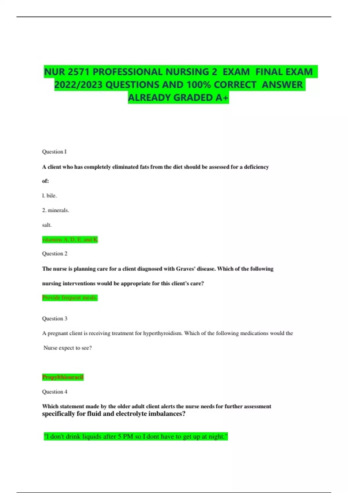 NUR 2571 PROFESSIONAL NURSING 2 EXAM FINAL EXAM 2022/2023 QUESTIONS AND ...