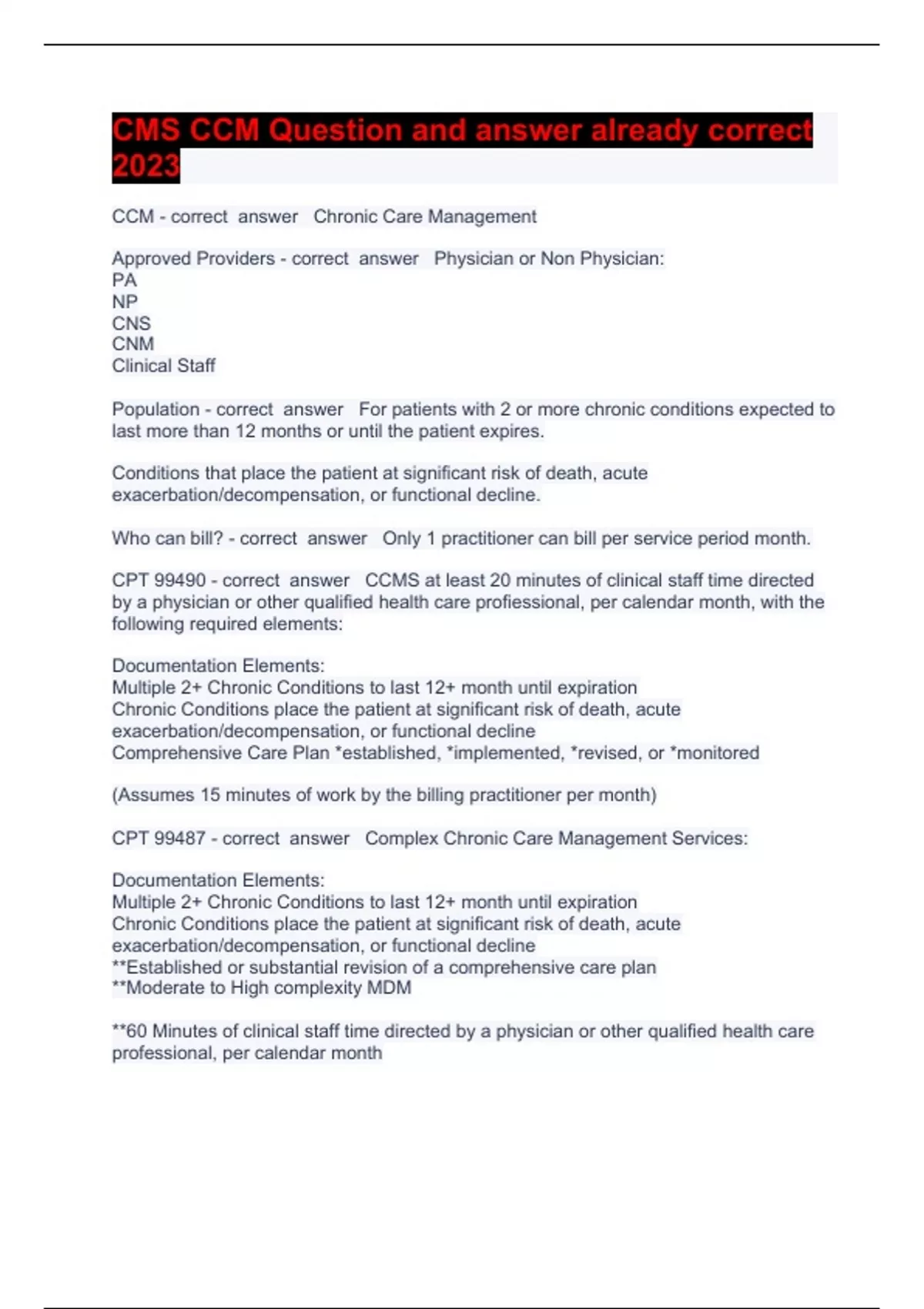 CMS CCM Question and answer already correct 2023 - CMS CCM - Stuvia US
