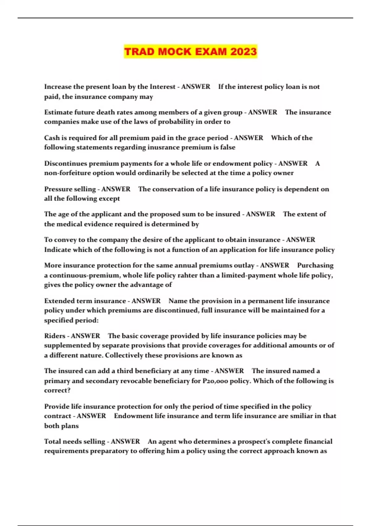 TRAD MOCK EXAM 2023 - TRAD - Stuvia US