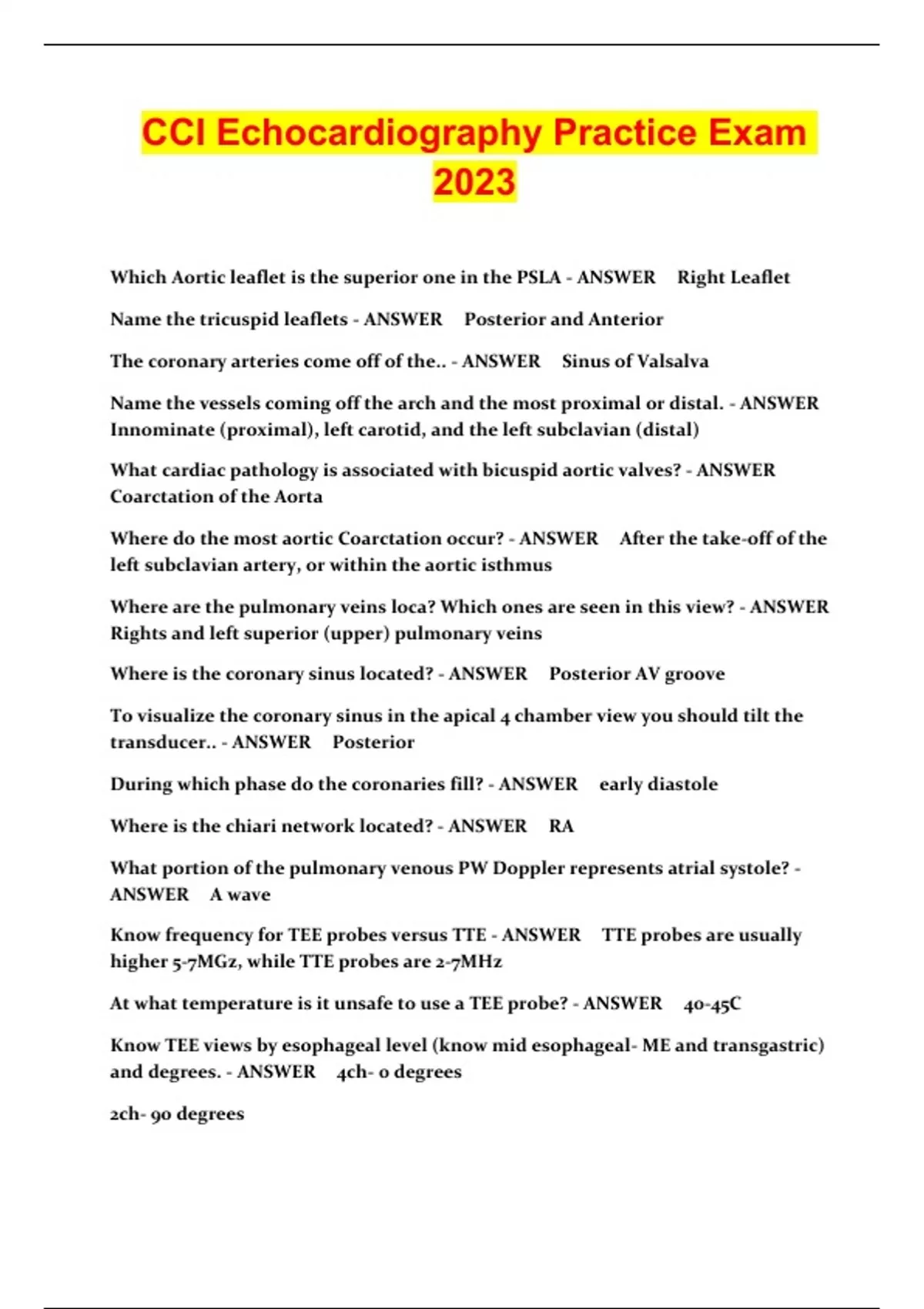 CCI Echocardiography Practice Exam 2023 - CCI Echocardiography - Stuvia US