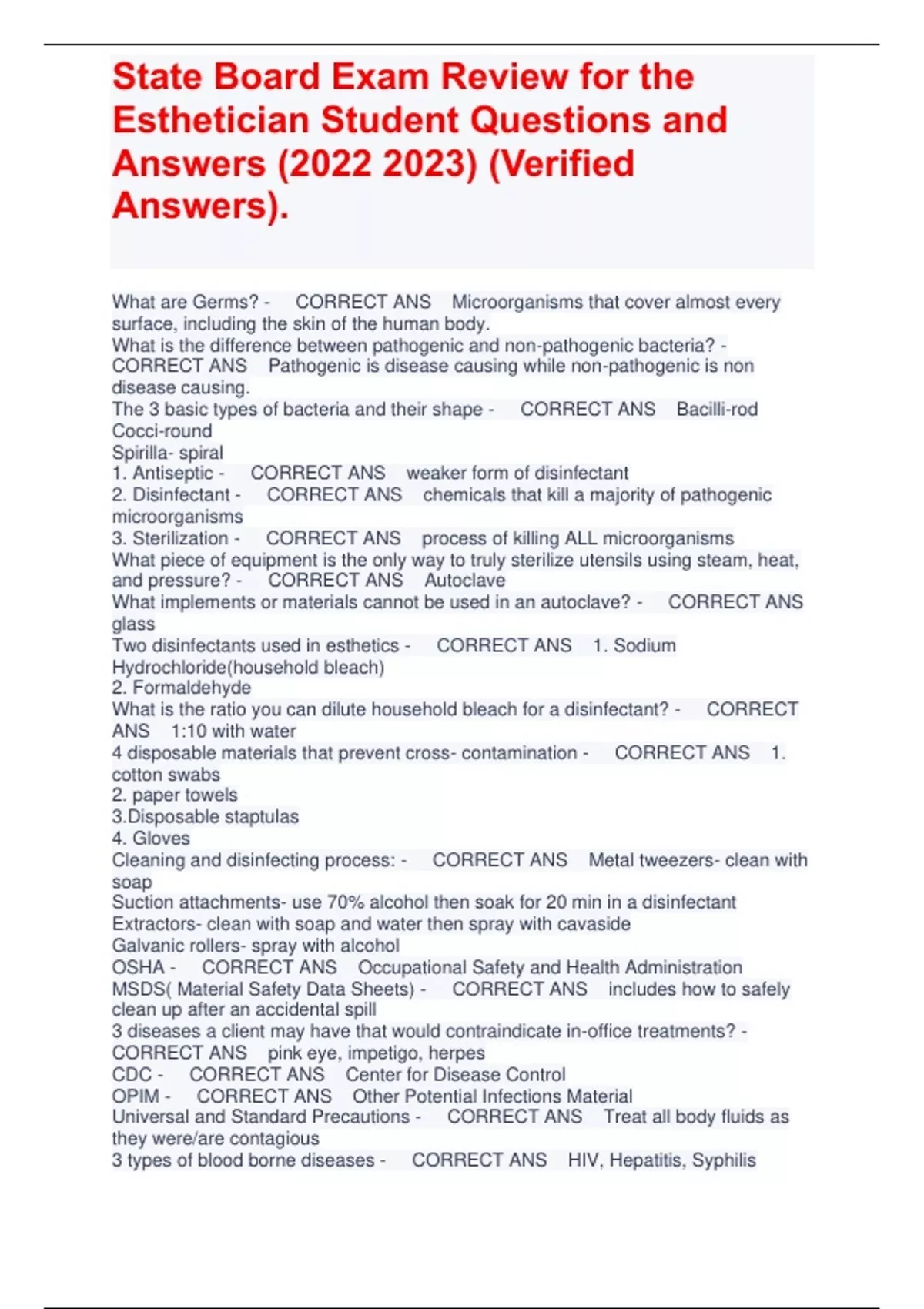 State Board Exam Review for the Esthetician Student Questions and ...