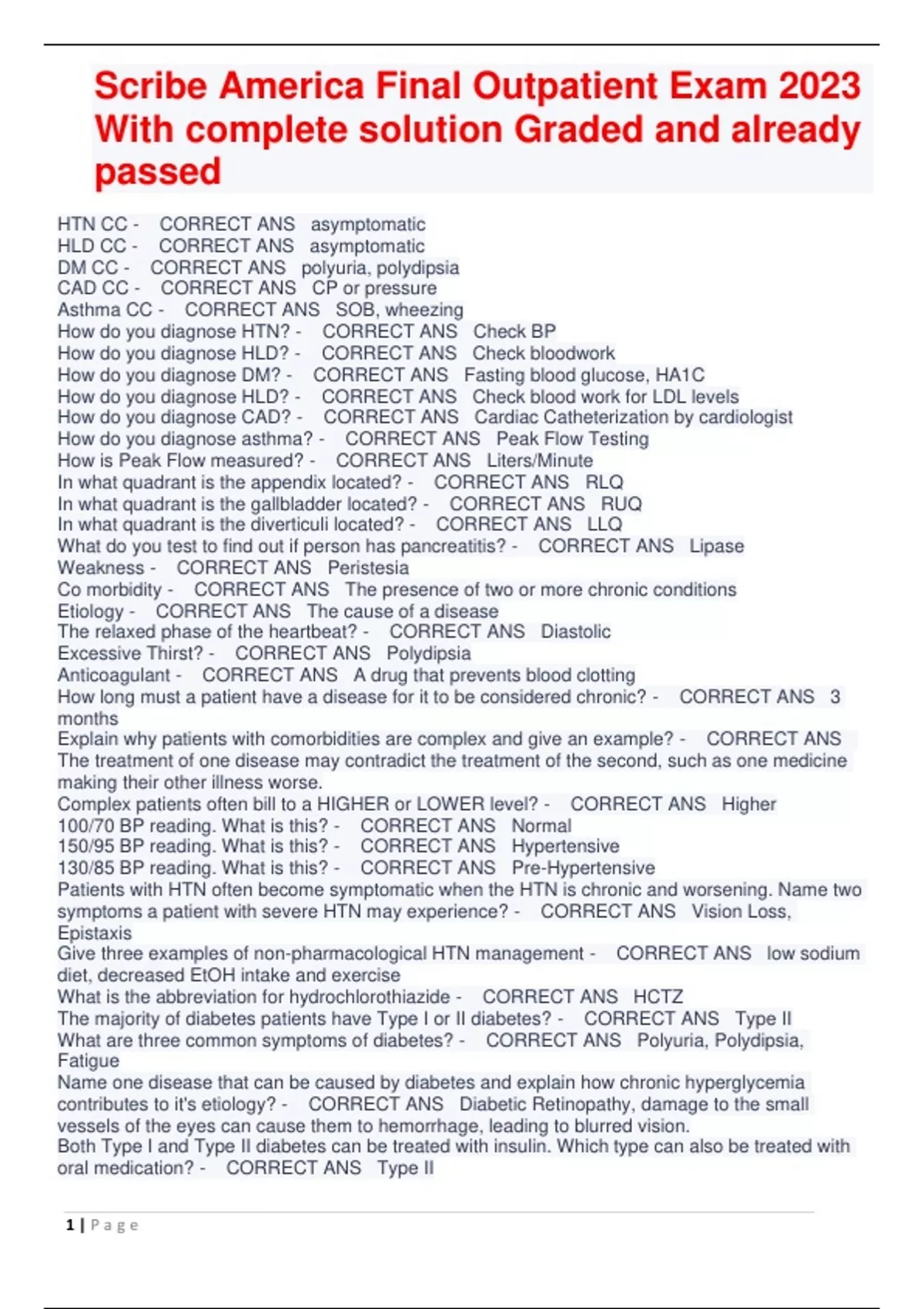 Scribe America Final Outpatient Exam 2023 With complete solution Graded ...