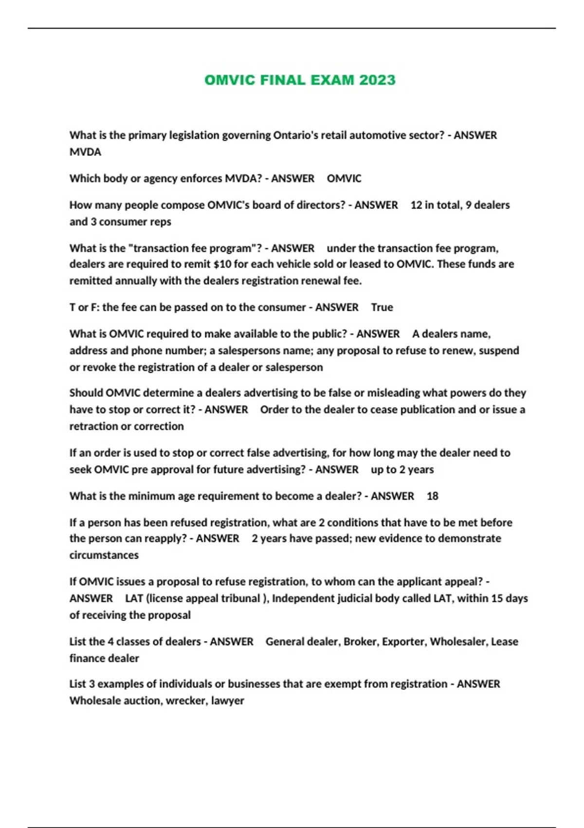 OMVIC FINAL EXAM 2023 - OMVIC - Stuvia US