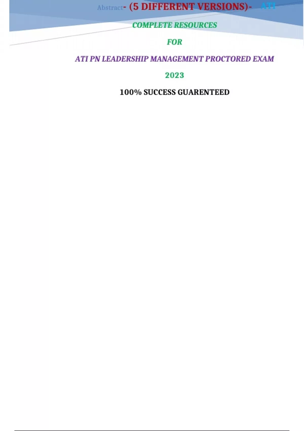 ATI PN LEADERSHIP MANAGEMENT PROCTORED EXAM (NEW 2023,5 VERSIONS) / PN ...