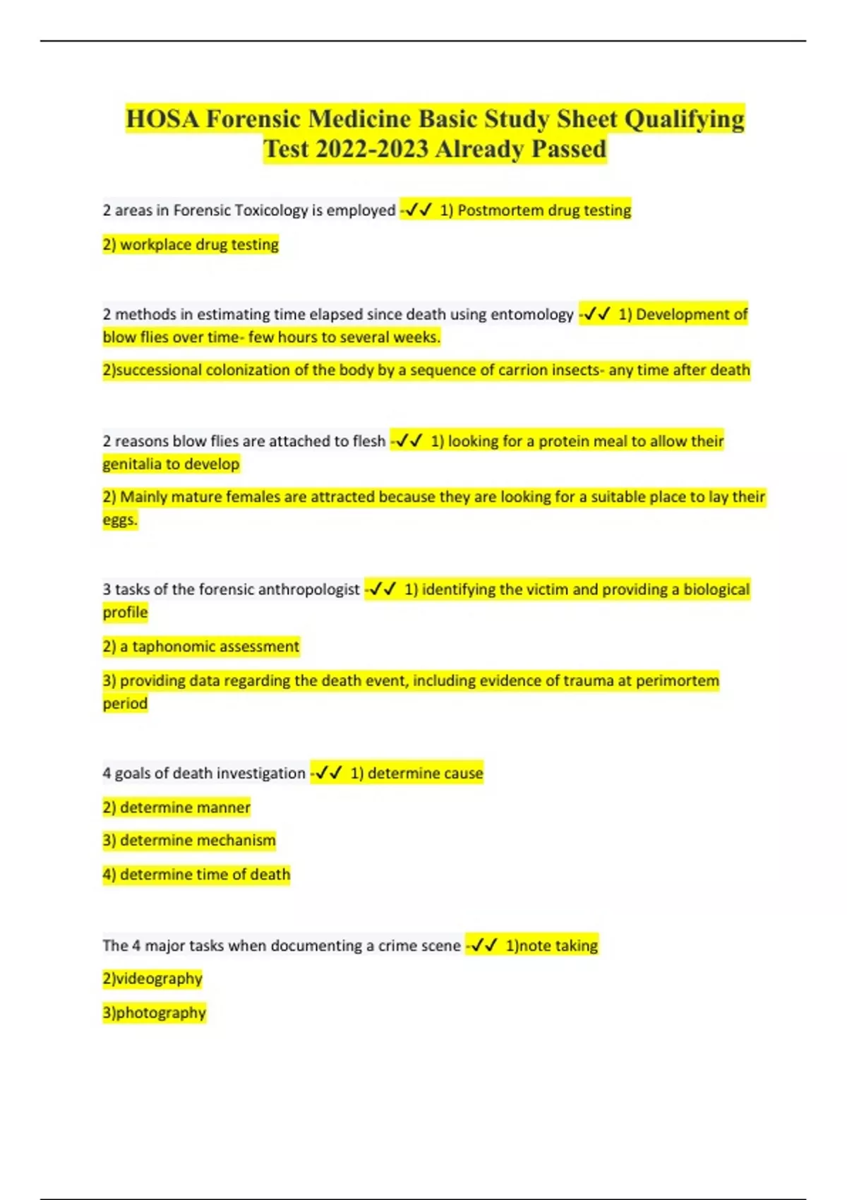 HOSA Forensic Medicine Basic Study Sheet Qualifying Test Already Passed ...