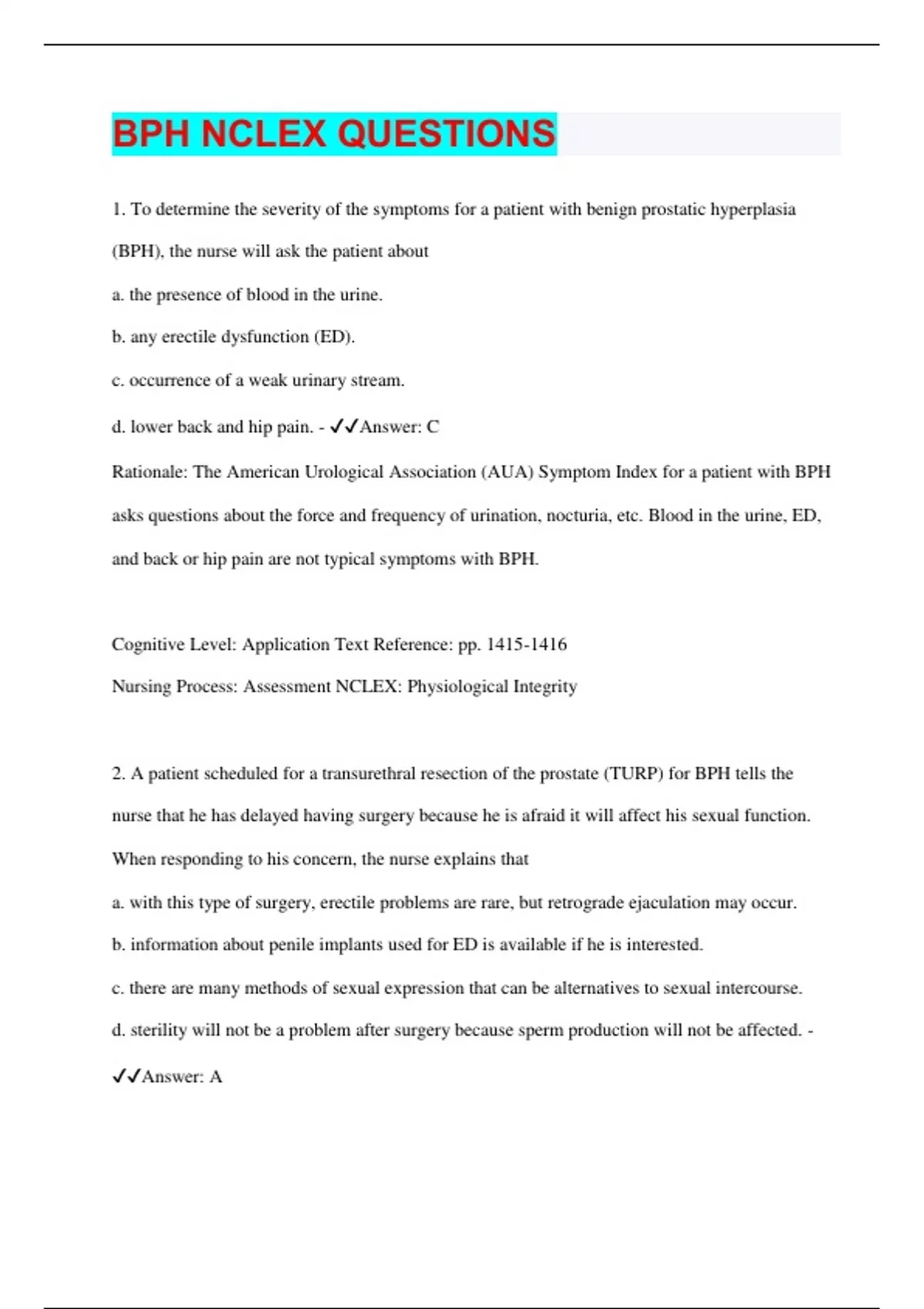 BPH NCLEX QUESTIONS | Questions with 100% Correct Answers | Updated ...