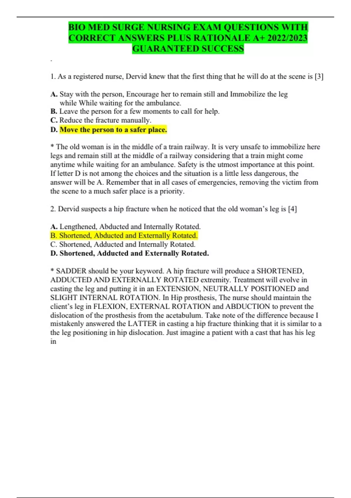 BIO MED SURGE NURSING EXAM QUESTIONS WITH CORRECT ANSWERS PLUS ...