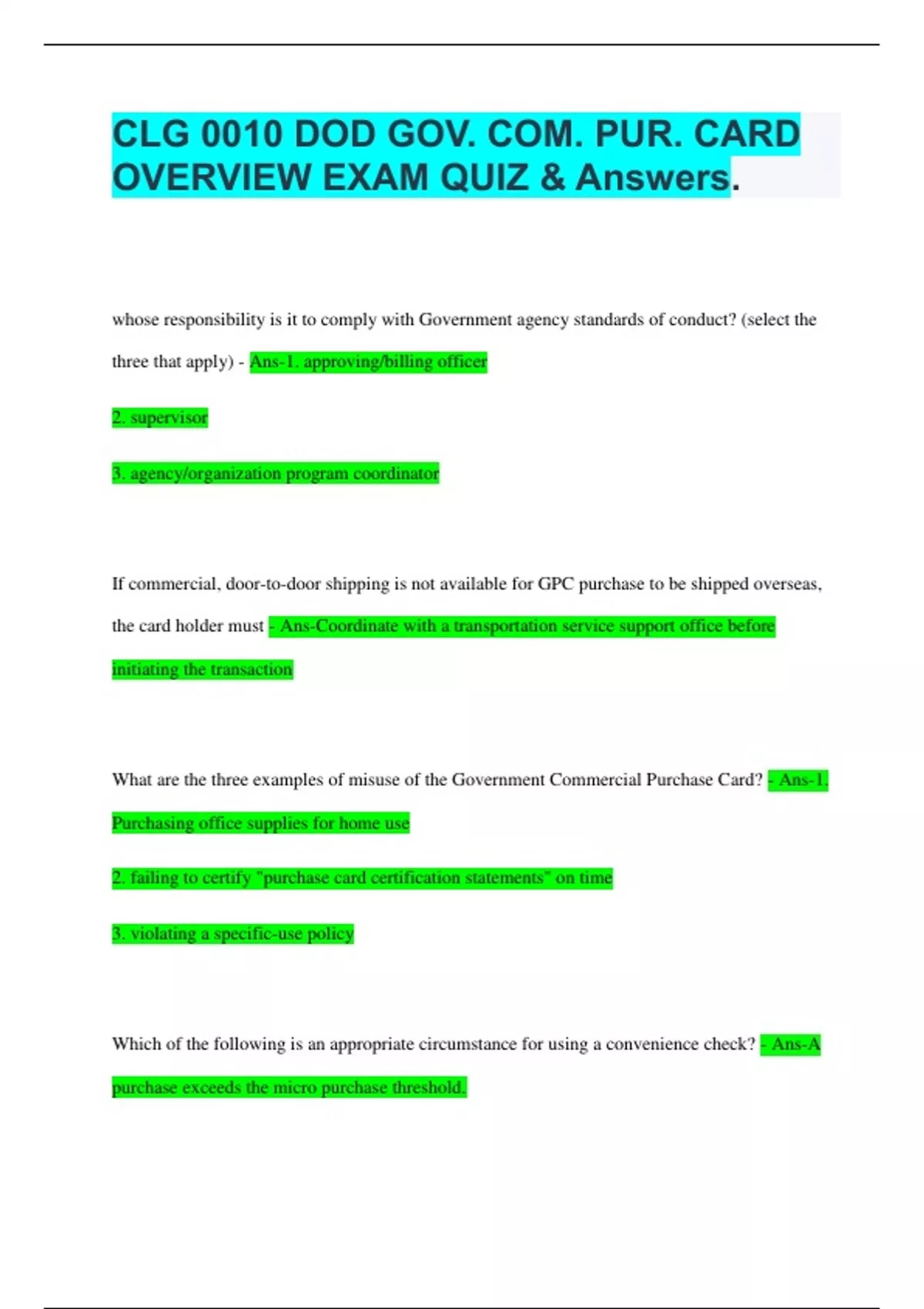 CLG 0010 DOD GOV. COM. PUR. CARD OVERVIEW EXAM QUIZ & Answers. - DoD Government - Stuvia US