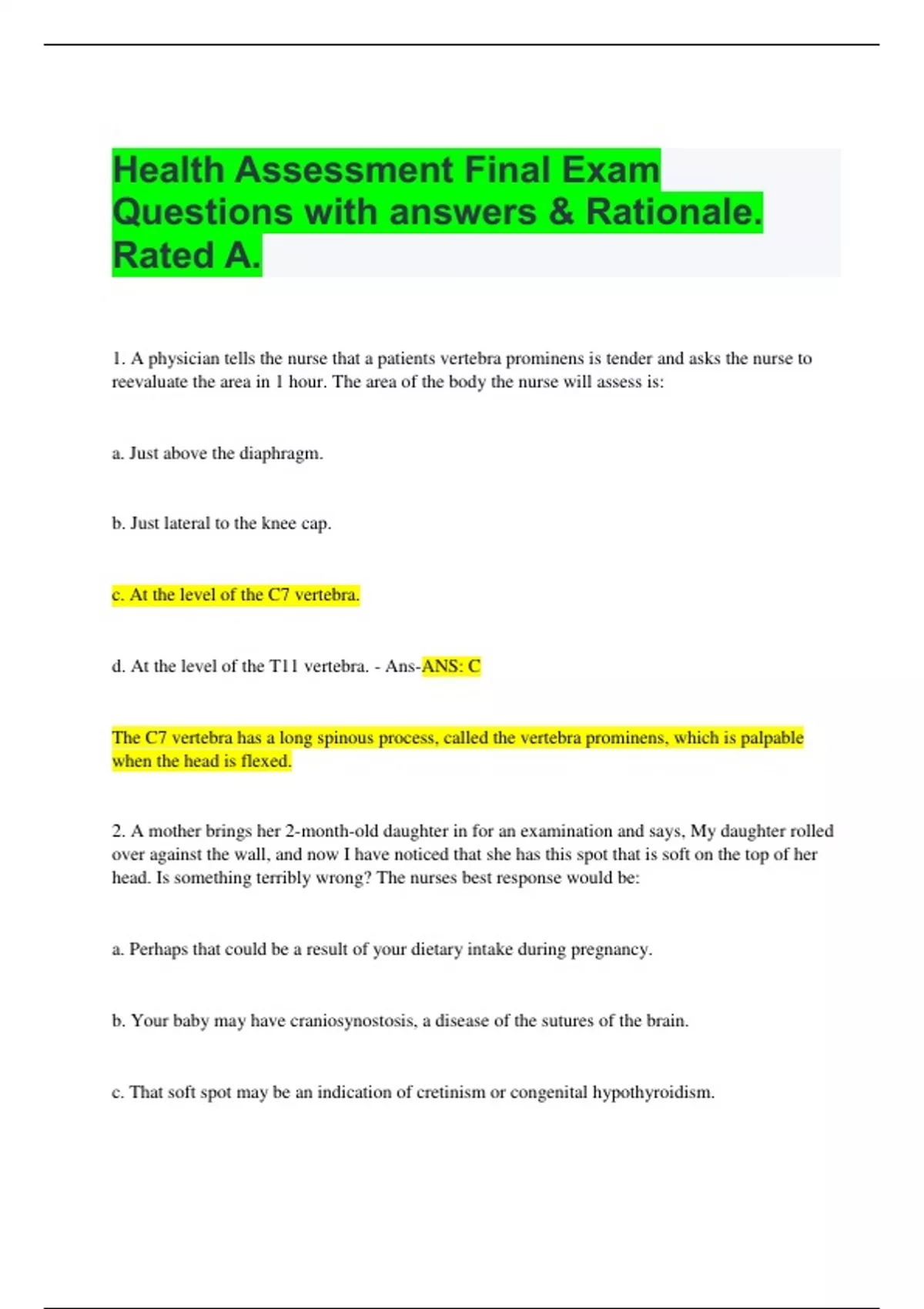 Health Assessment Final Exam Questions with answers & Rationale. Rated ...