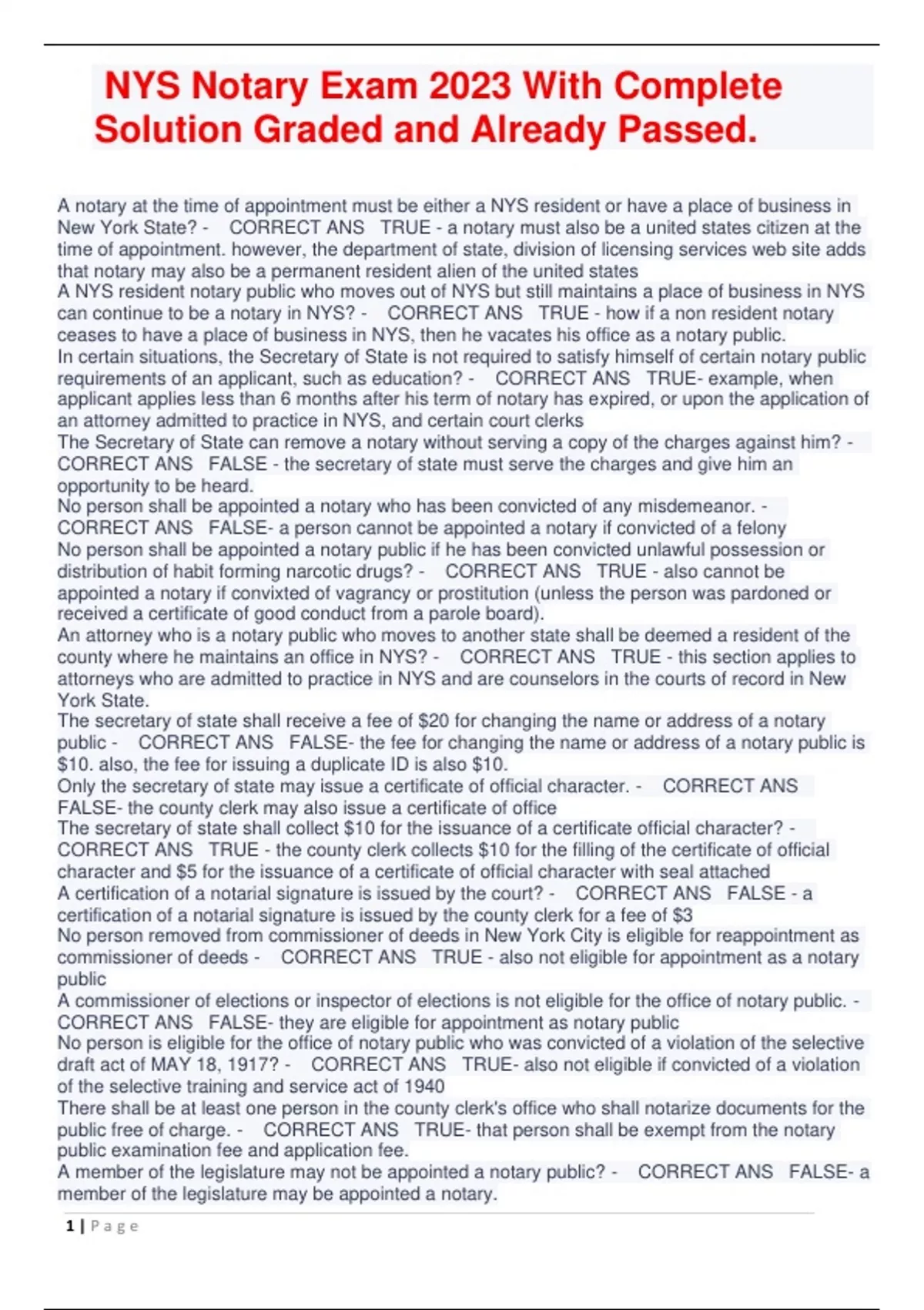 NYS Notary Exam 2023 With Complete Solution Graded and Already Passed ...