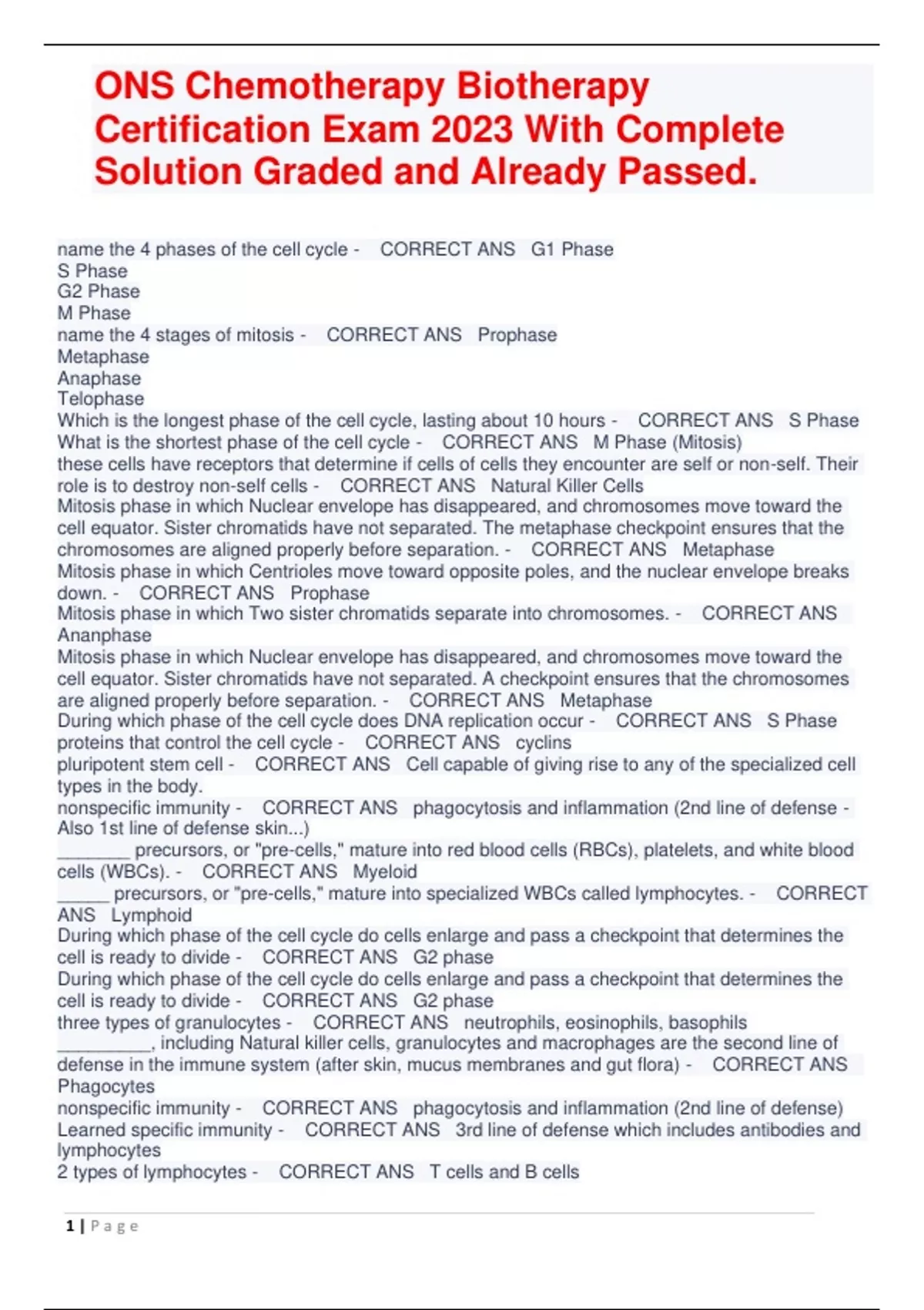 ONS Chemotherapy Biotherapy Certification Exam 2023 With Complete ...