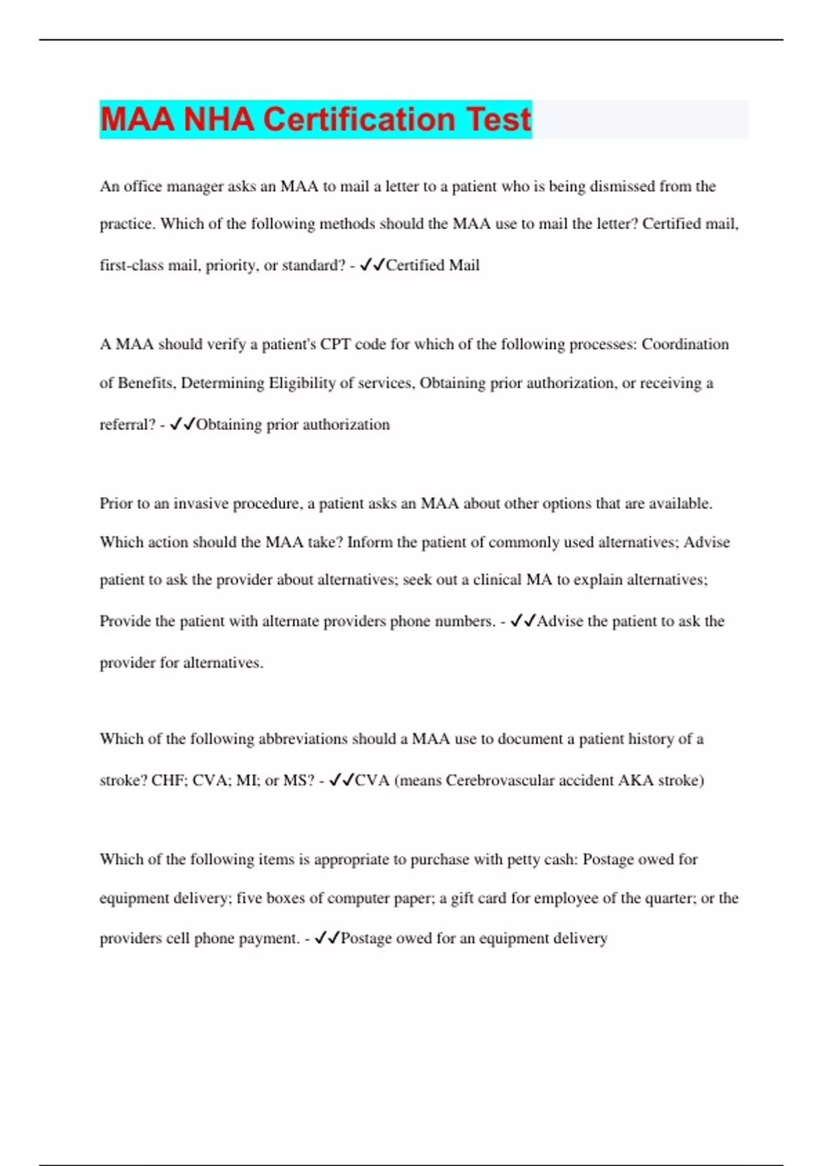 MAA NHA Certification Test | 110 Questions with 100% Correct Answers ...