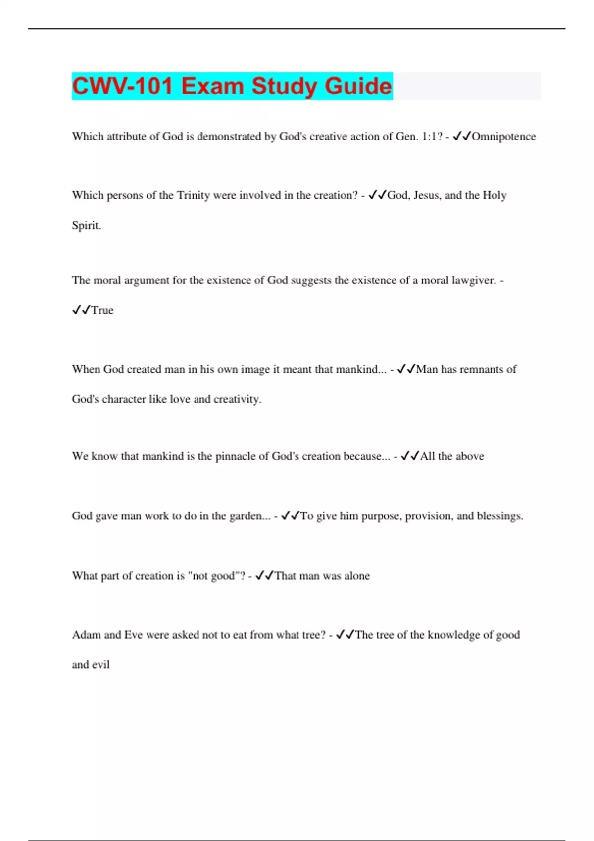 CWV-101 Exam Study Guide | 100 Questions with 100% Correct Answers ...