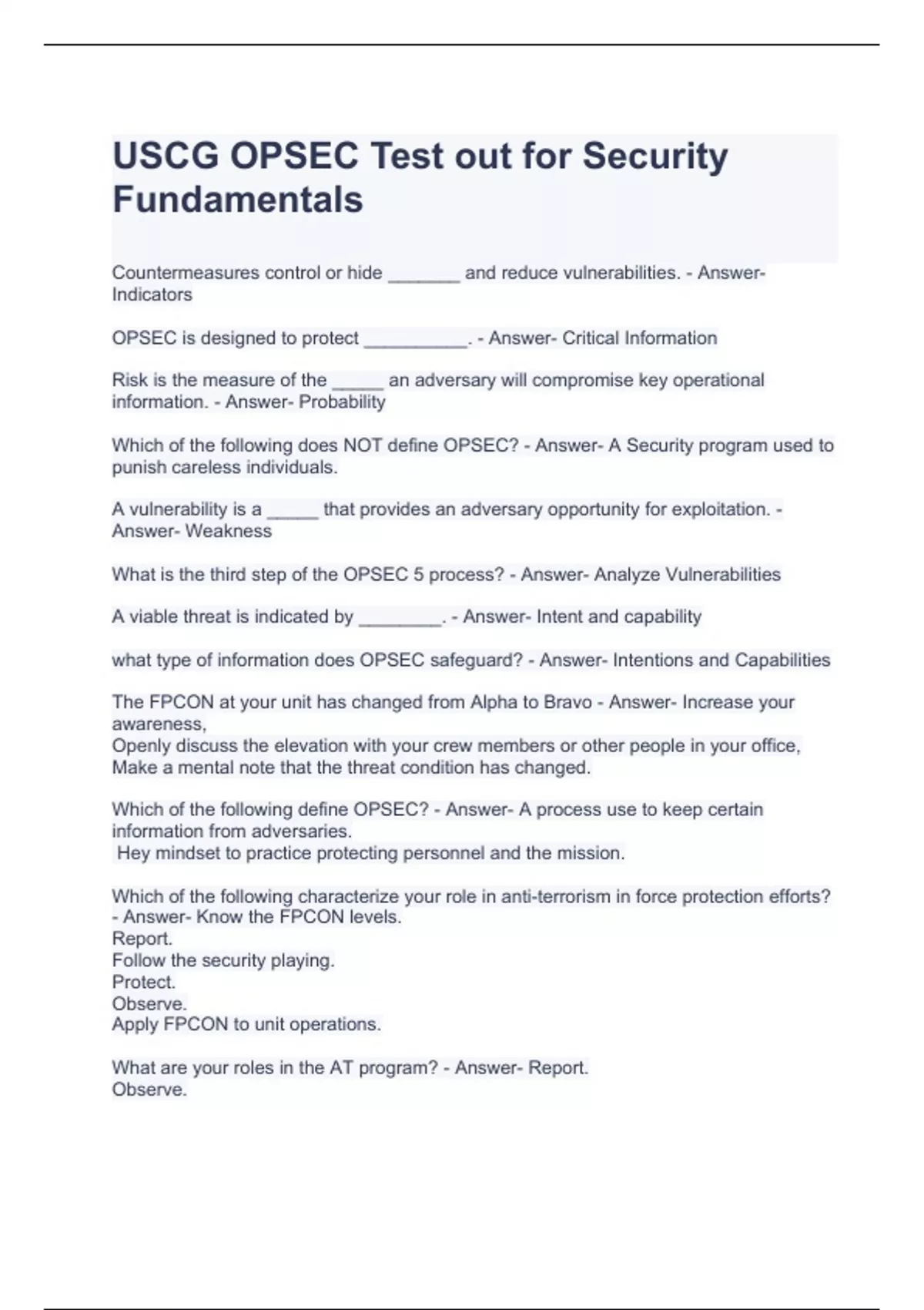 USCG OPSEC Test out for Security Fundamentals - OPSEC - Stuvia US