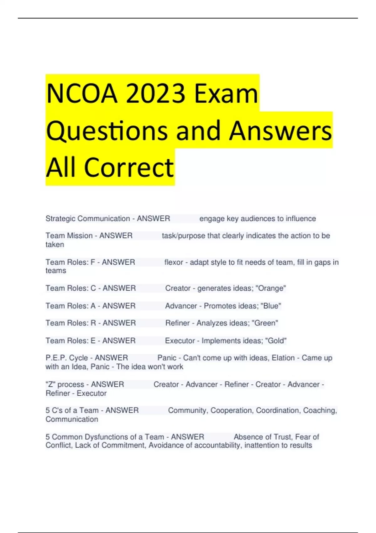 NCOA 2023 Exam Questions and Answers All Correct - NCOA - Stuvia US