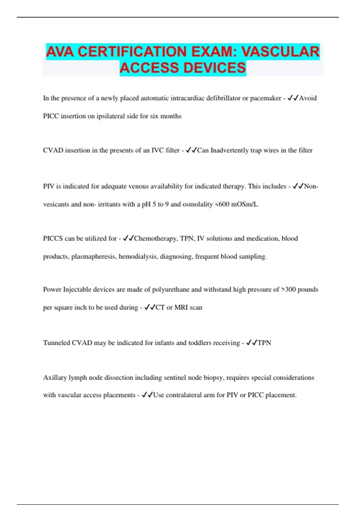 AVA CERTIFICATION EXAM: VASCULAR ACCESS DEVICES | Questions with 100% Correct Answers | Updated ...