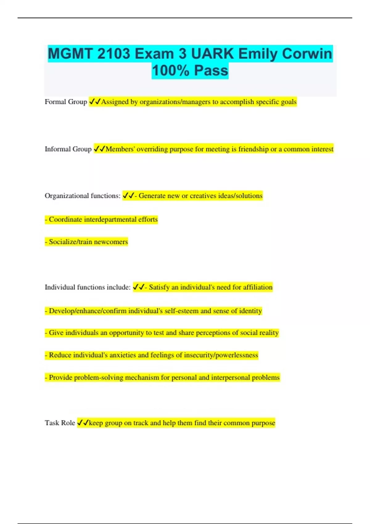 MGMT 2103 Exam 3 UARK Emily Corwin 100% Pass - MGMT 2103 - Stuvia US