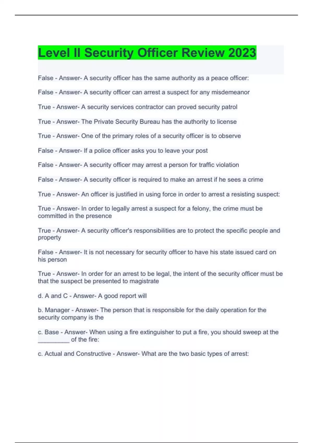 Level II Security Officer Review 2023 - Security Officer - Stuvia US