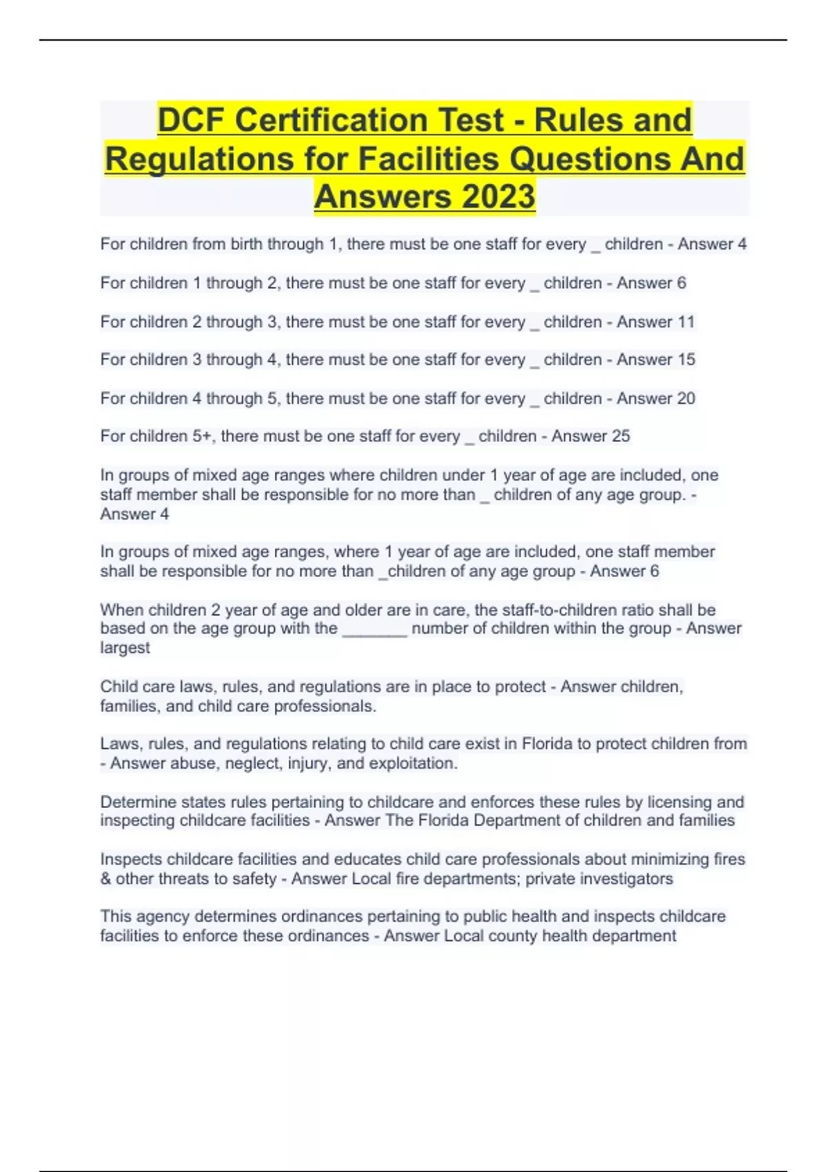 DCF Certification Test - Rules and Regulations for Facilities Questions ...