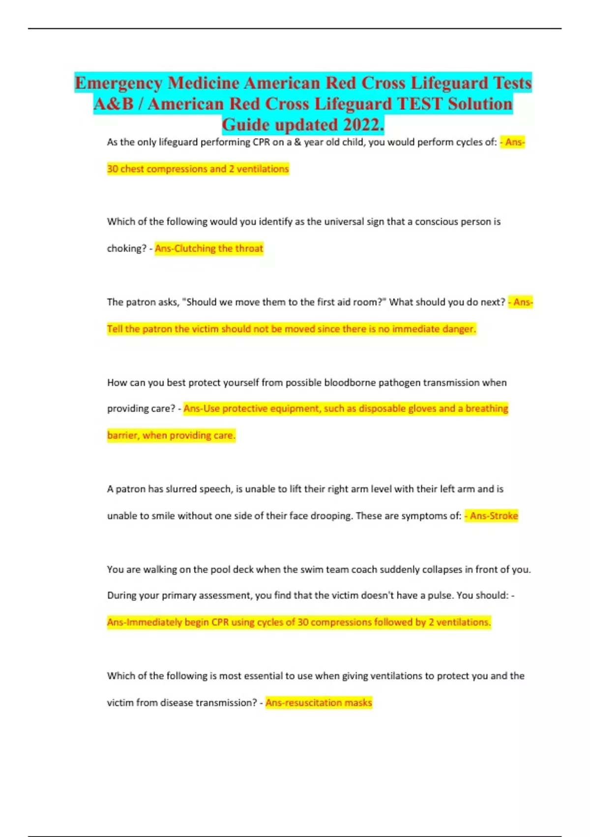 Emergency Medicine American Red Cross Lifeguard Tests A&B / American ...