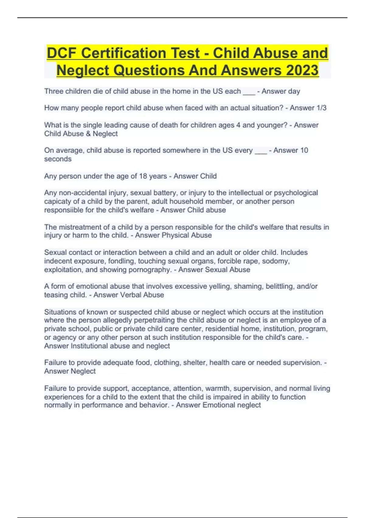 DCF Certification Test - Child Abuse and Neglect Questions And Answers ...