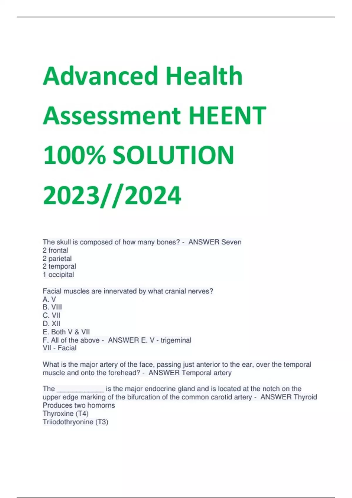 Advanced Health Assessment HEENT 100% SOLUTION 2023//2024 - Advanced ...