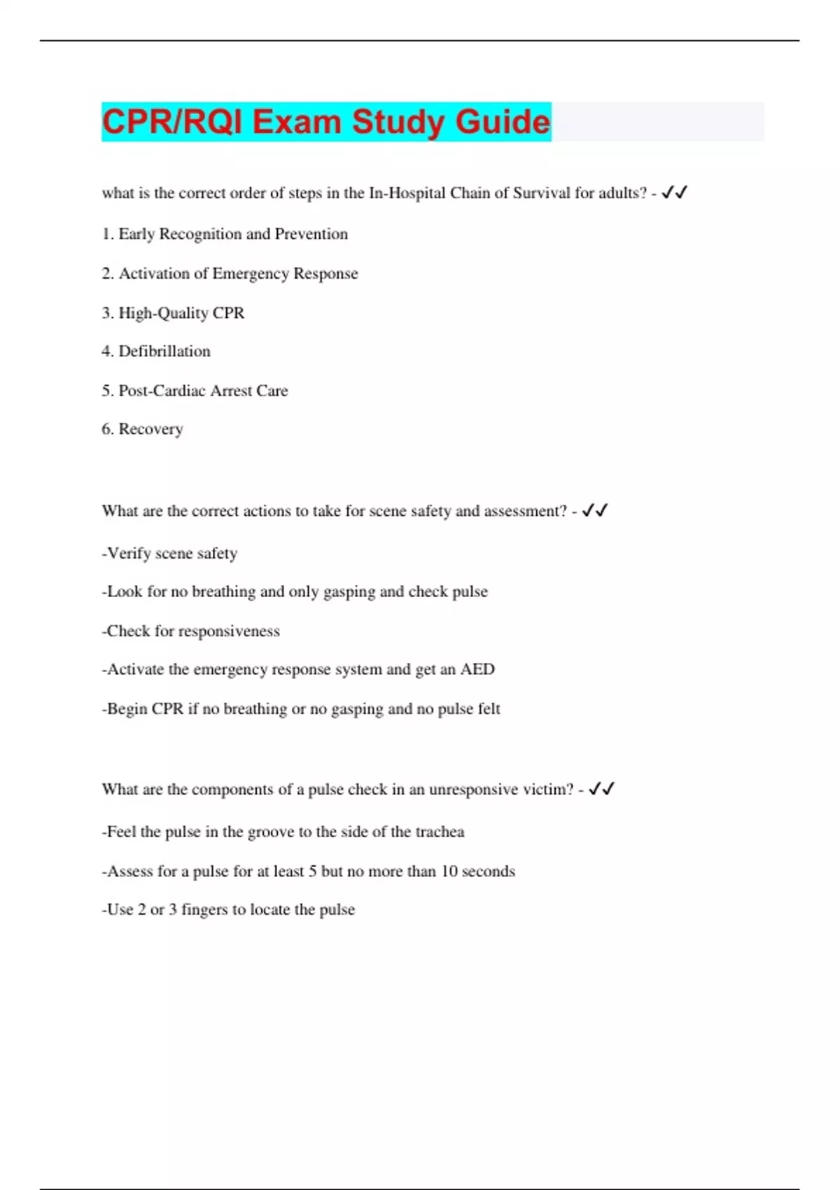 CPR/RQI Exam Study Guide | 105 Questions with 100% Correct Answers ...
