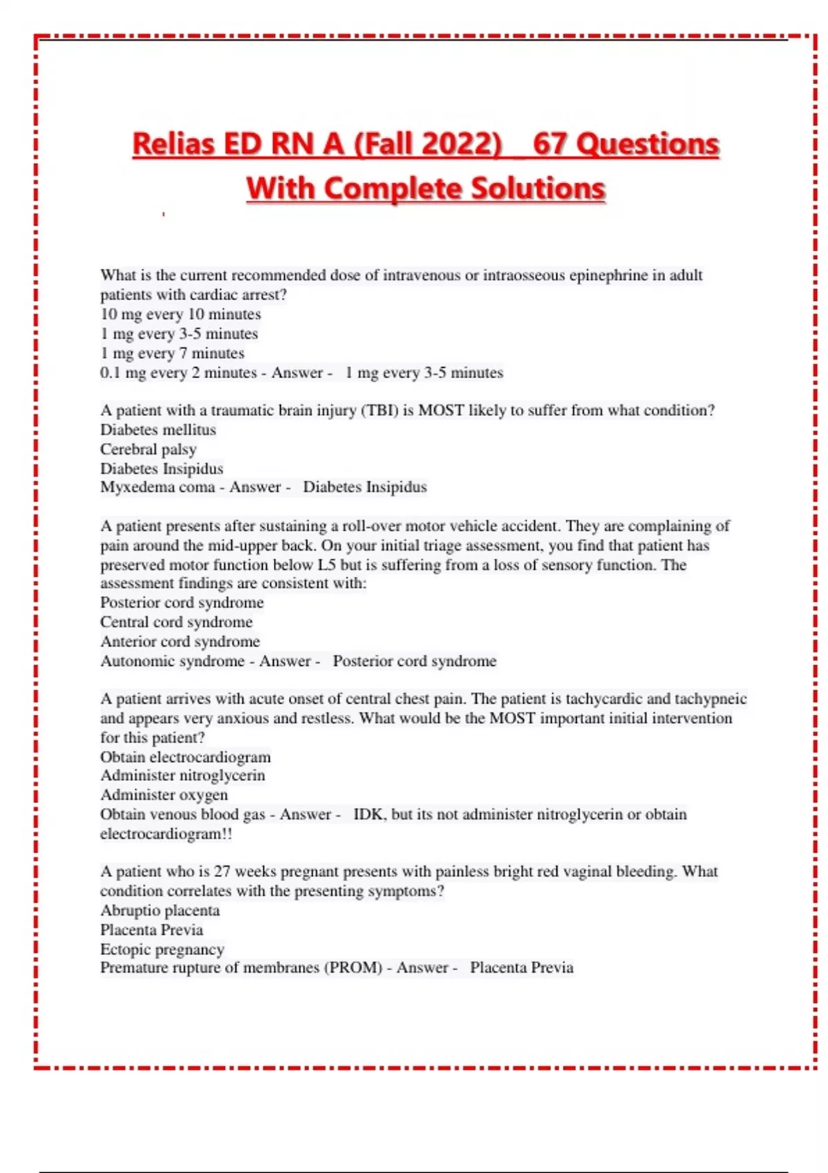 Relias ED RN A (Fall 2022) _ 67 Questions With Complete Solutions ...