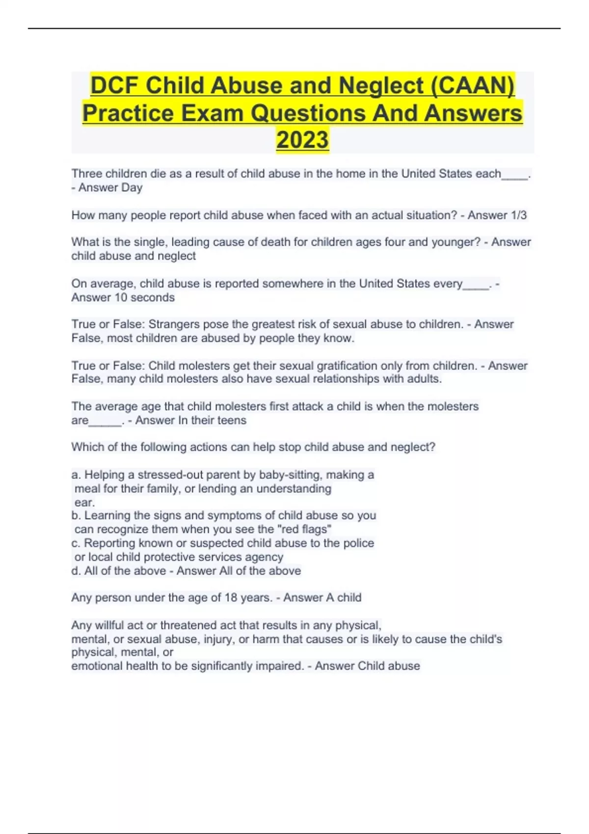 DCF Child Abuse and Neglect (CAAN) Practice Exam Questions And Answers 2023 - Dcf - Stuvia US