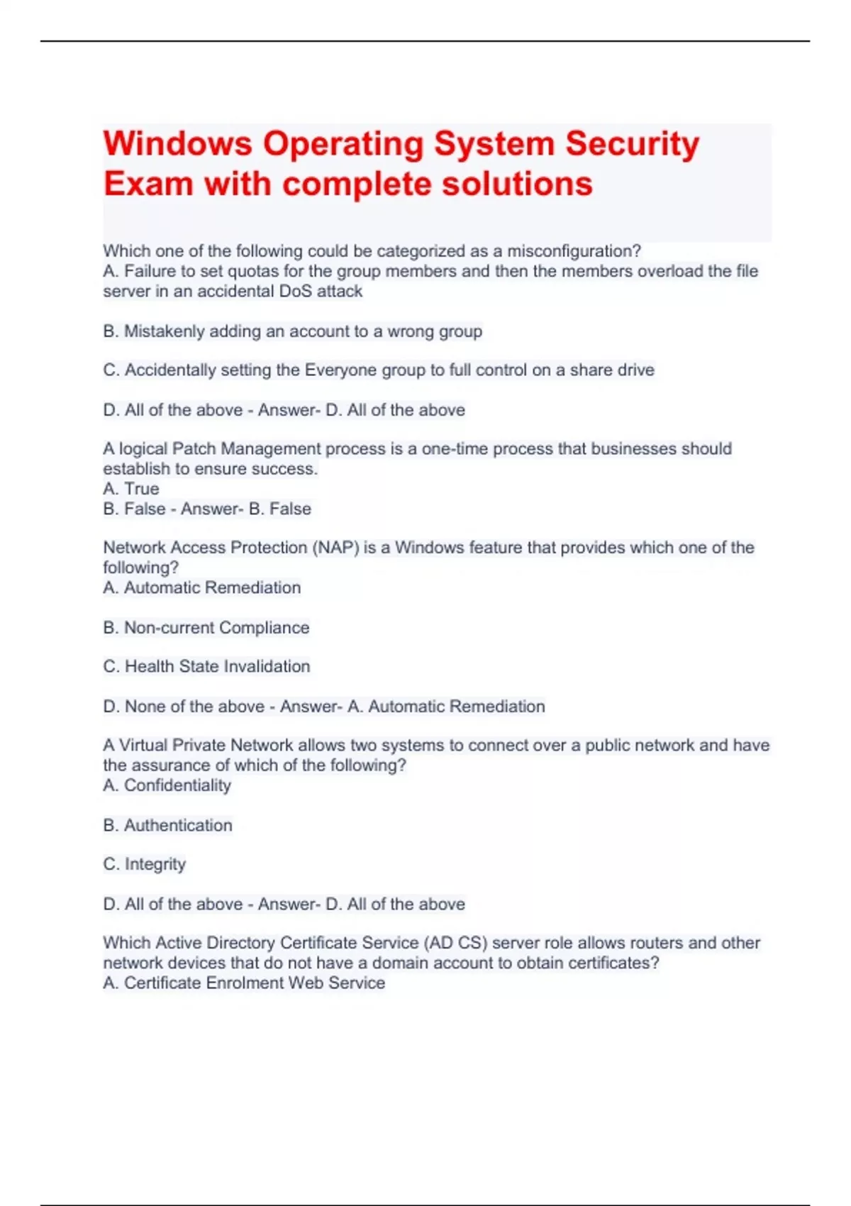 Windows Operating System Security Exam with complete solutions ...
