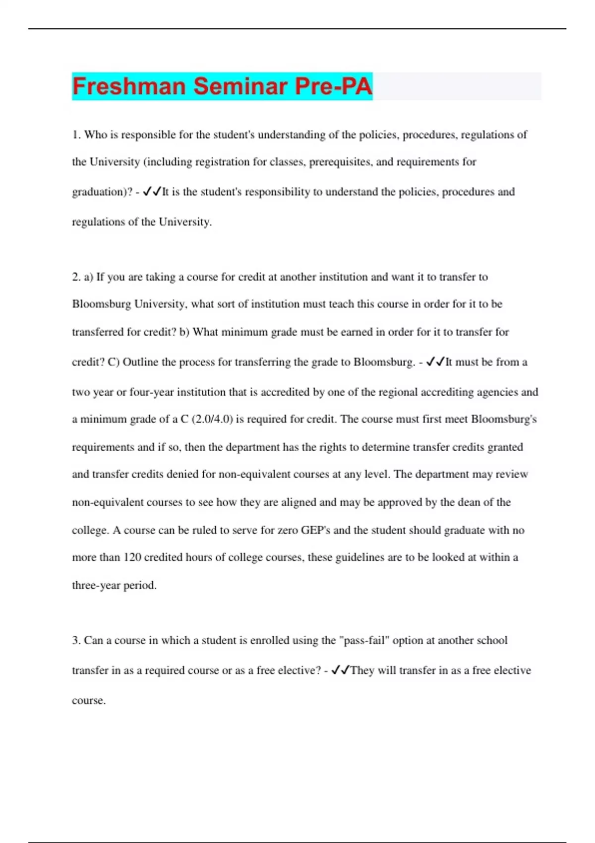 Freshman Seminar Pre-PA | 67 Questions with 100% Correct Answers ...