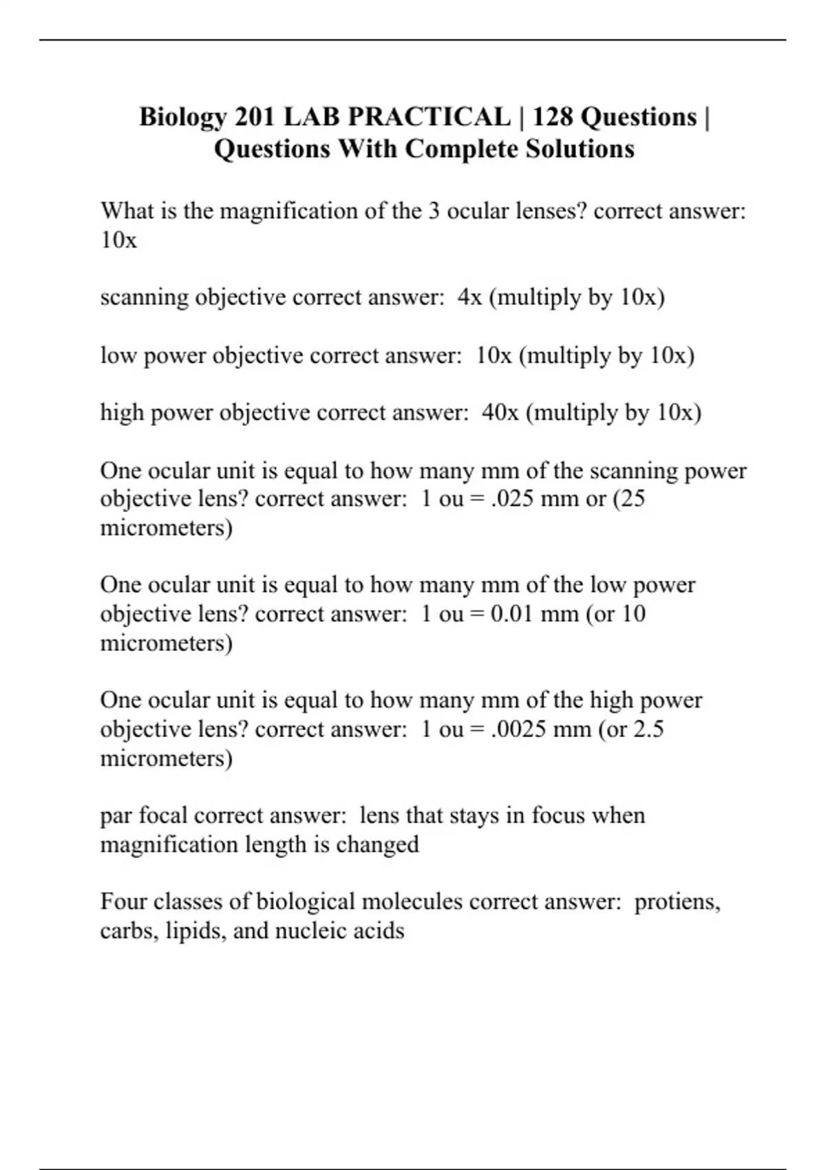 Biology 201 LAB PRACTICAL | 128 Questions | Questions With Complete ...