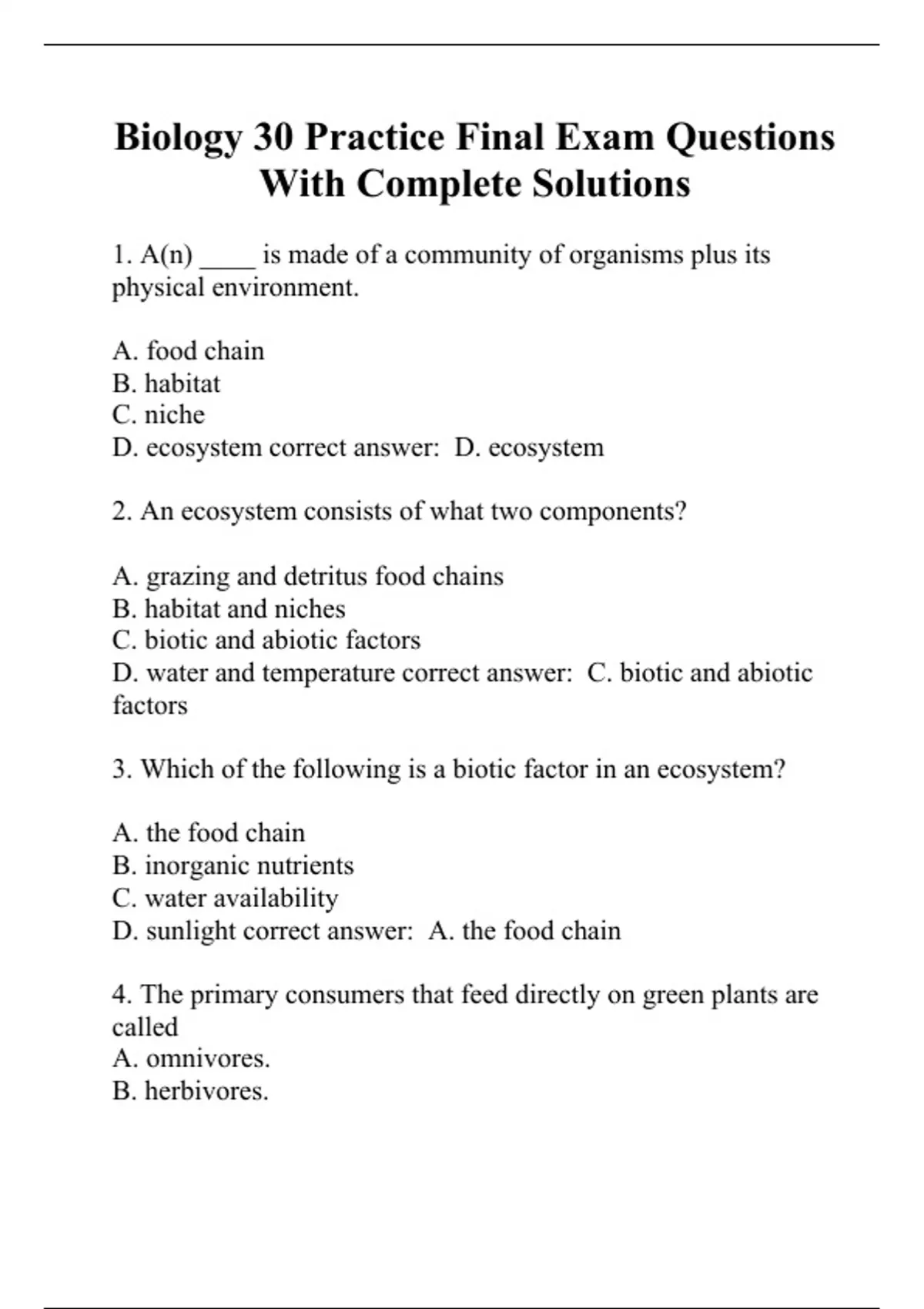 Biology 30 Practice Final Exam Questions With Complete Solutions ...