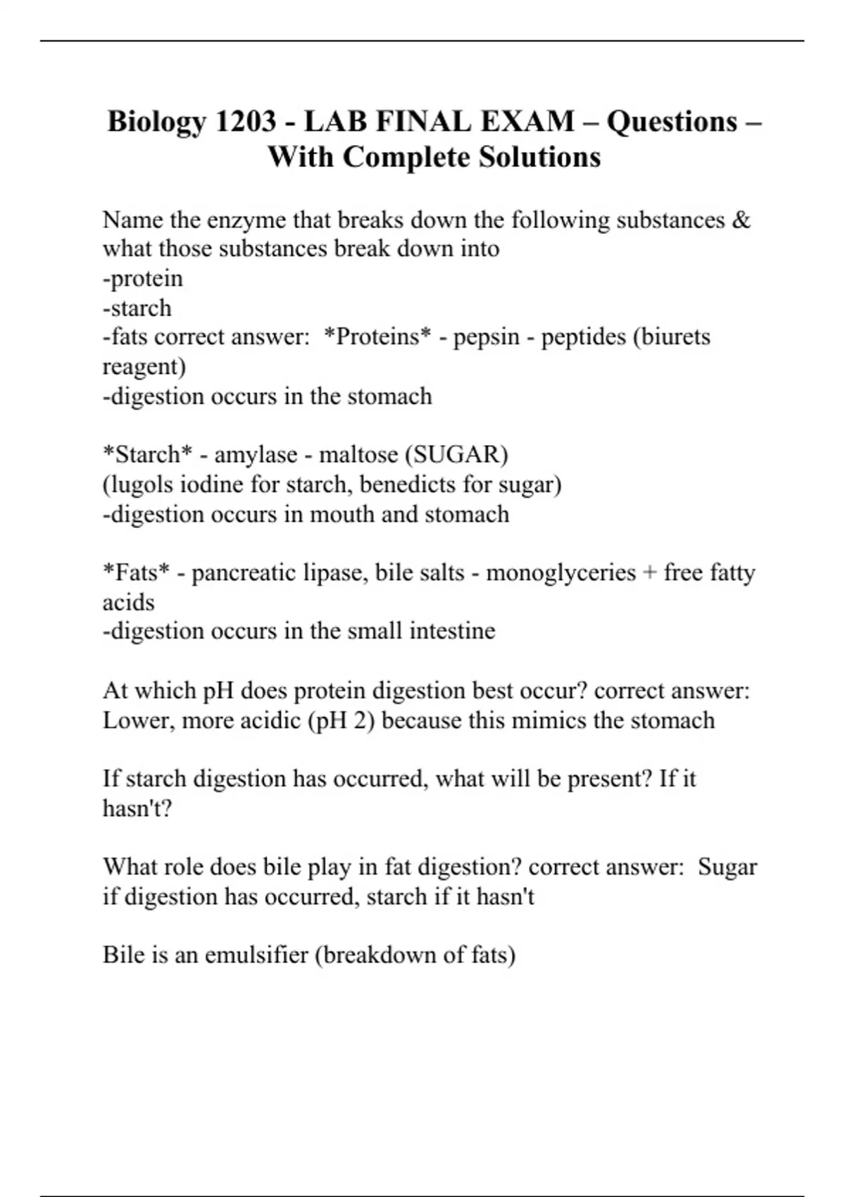 Biology 1203 - LAB FINAL EXAM – Questions – With Complete Solutions ...