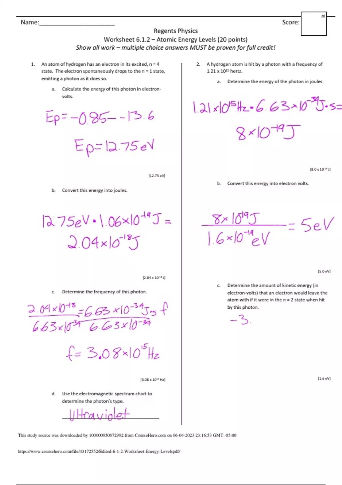 Regents Physics Worksheet 6.1.2 – Atomic Energy Levels - SCIENCE 239 ...