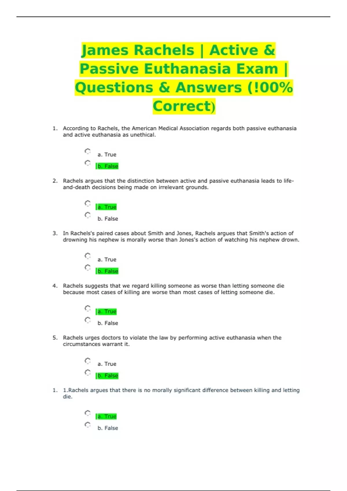 James Rachels | Active & Passive Euthanasia Exam | Questions & Answers ...
