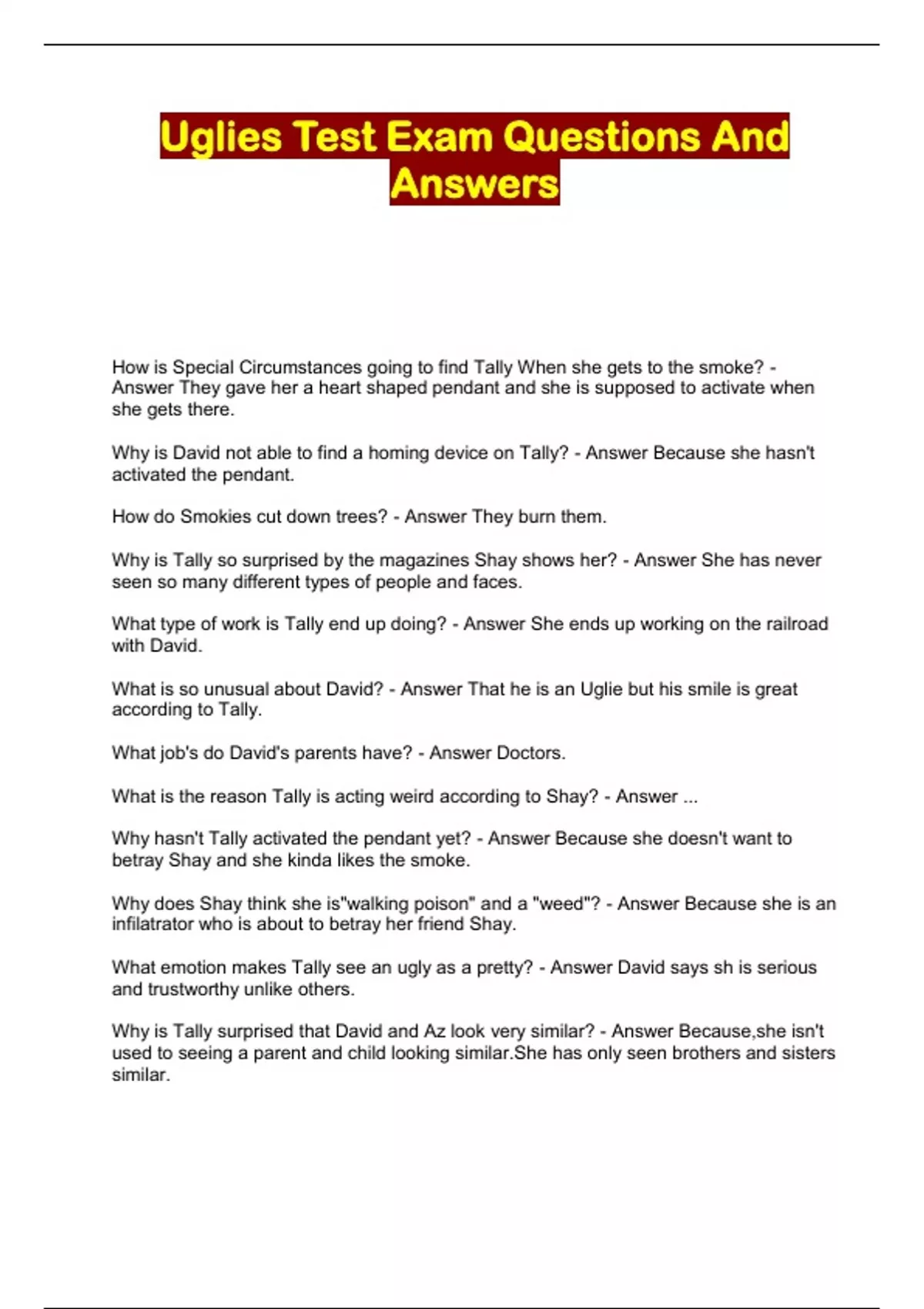 Uglies Test Exam Questions And Answers - Uglies - Stuvia US