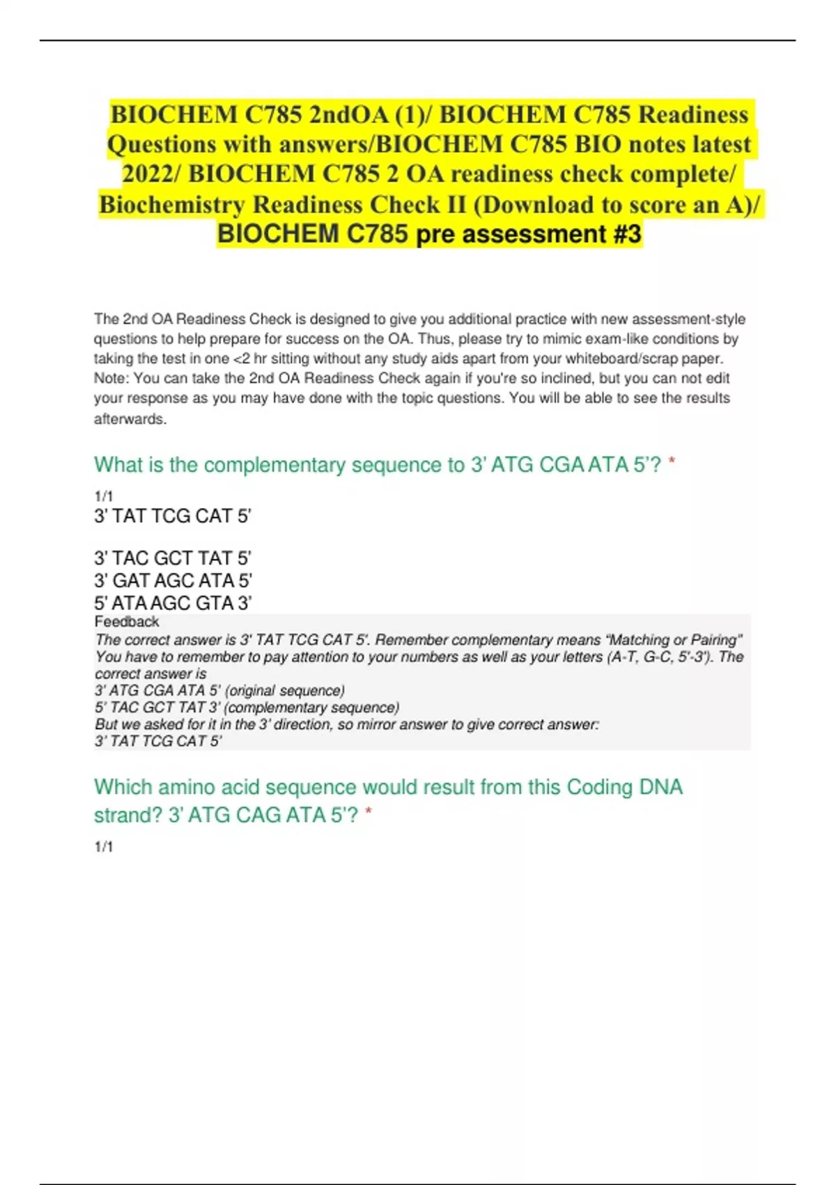 BIOCHEM C785 2ndOA (1)/ BIOCHEM C785 Readiness Questions with answers ...