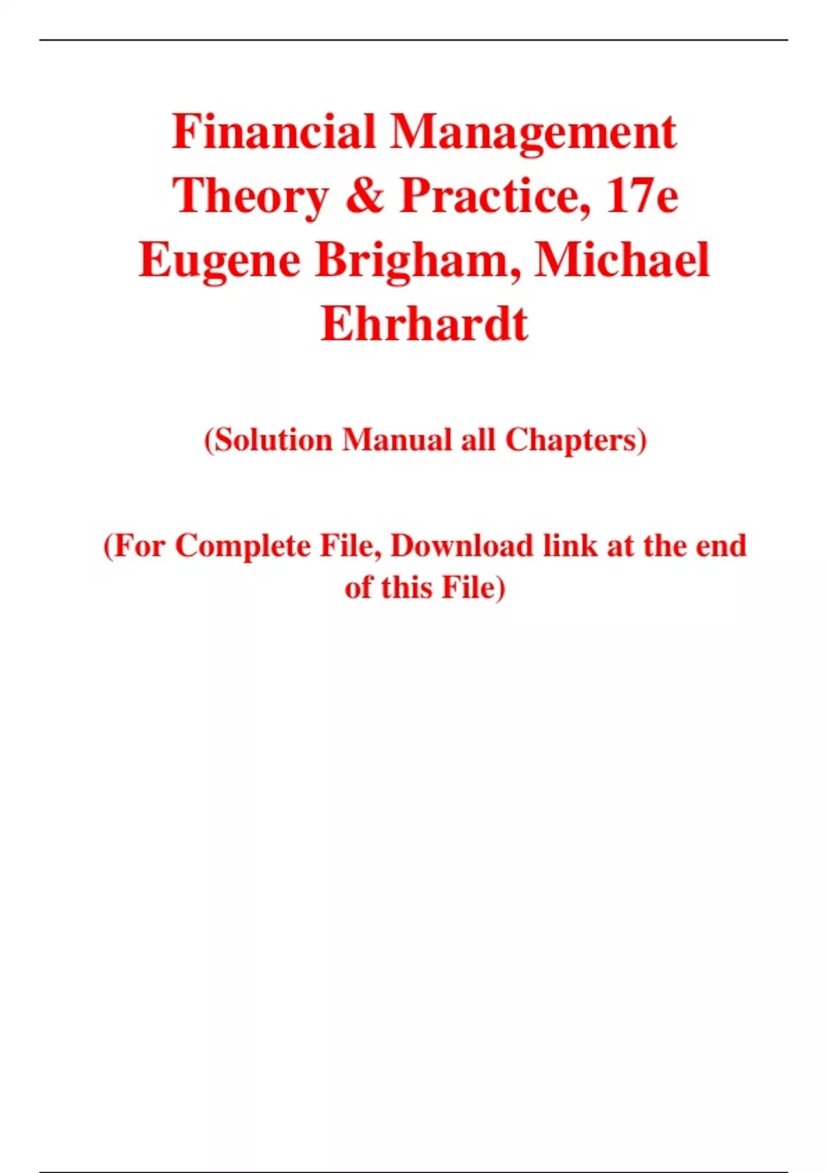 Financial Management Theory & Practice 17th Edition By Eugene Brigham, Michael Ehrhardt ...