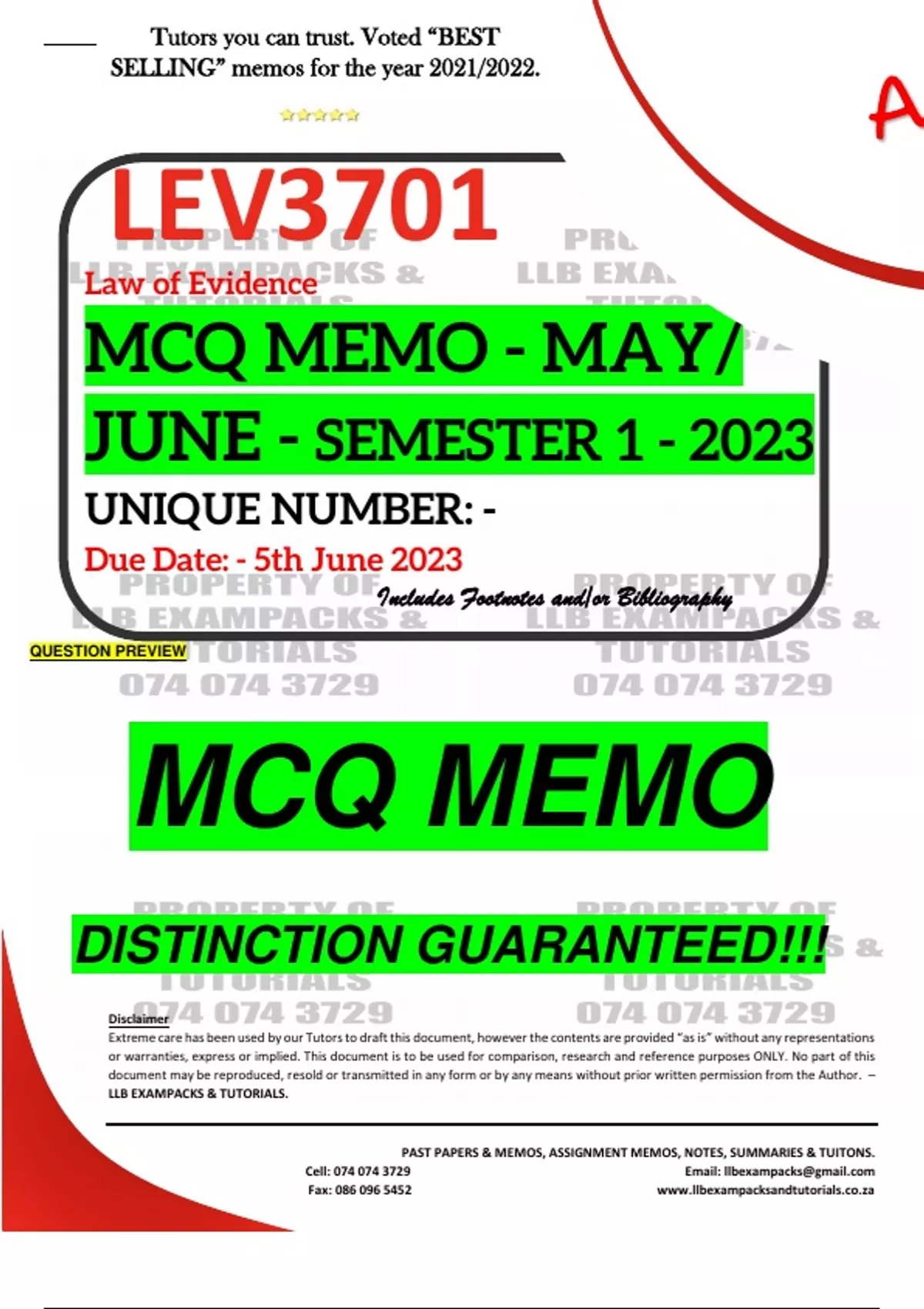 LEV3701 MCQ MEMO - MAY/JUNE 2023 - SEMESTER 1 - UNISA - (DISTINCTION GUARANTEED!) - LEV3701 ...