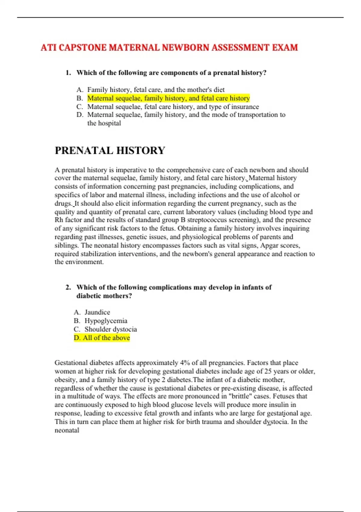 ATI CAPSTONE MATERNAL NEWBORN ASSESSMENT Questions and Answers ...