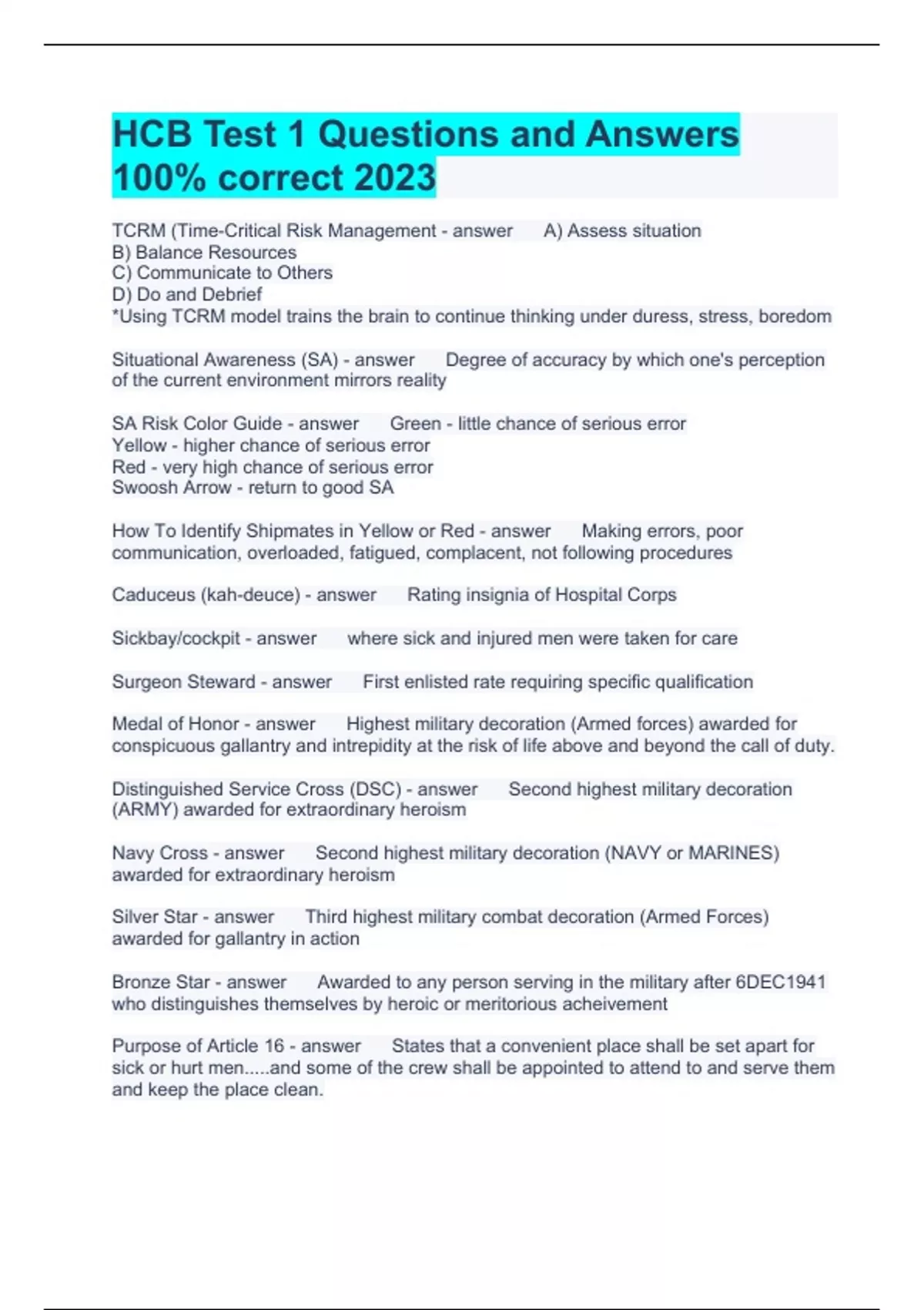 HCB Test 1 Questions and Answers 100% correct 2023 - Hcb - Stuvia US