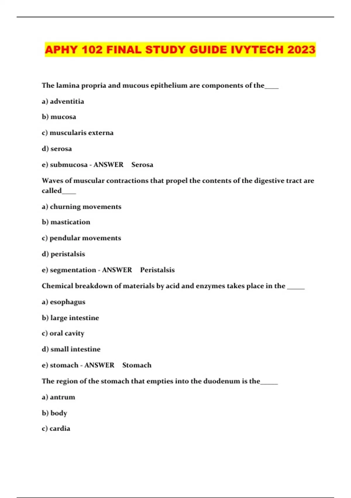 APHY 102 FINAL STUDY GUIDE IVYTECH 2023 - APHY 102 - Stuvia US