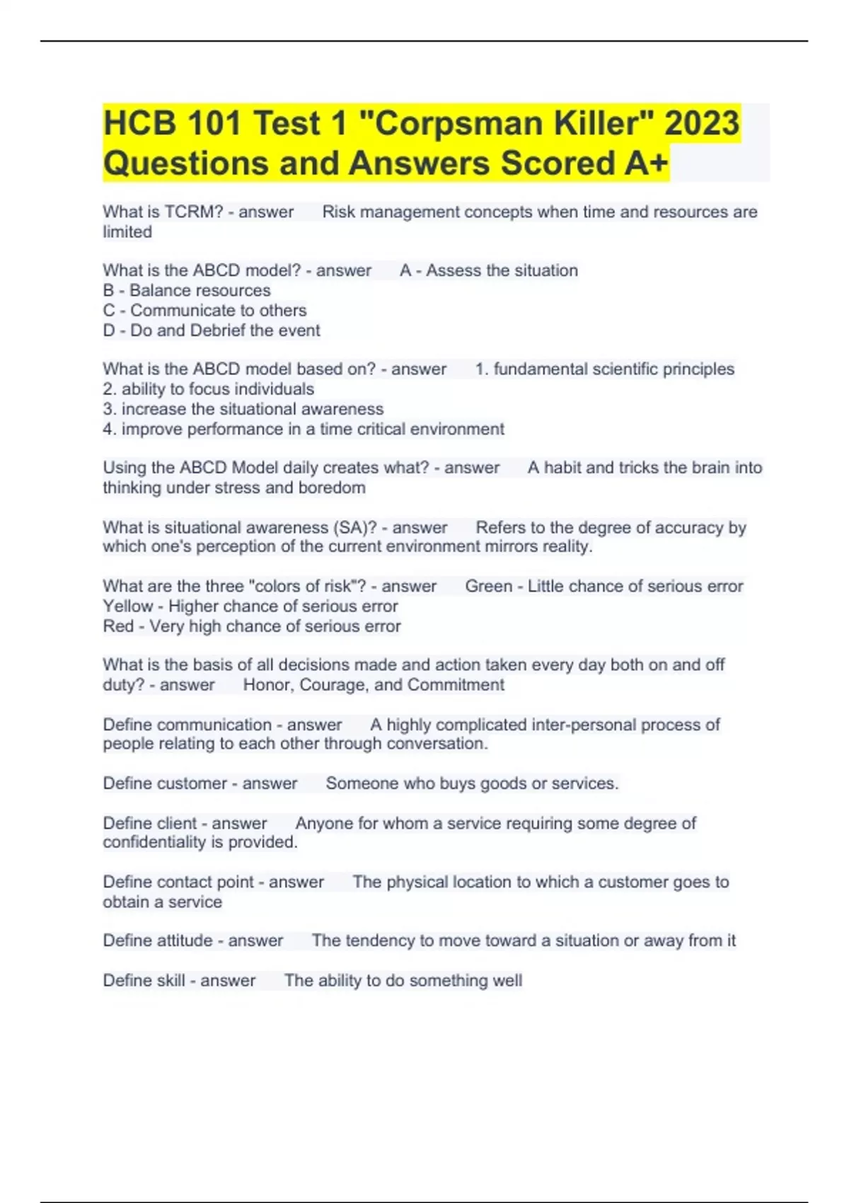 HCB 101 Test 1 "Corpsman Killer" 2023 Questions and Answers Scored A+ ...
