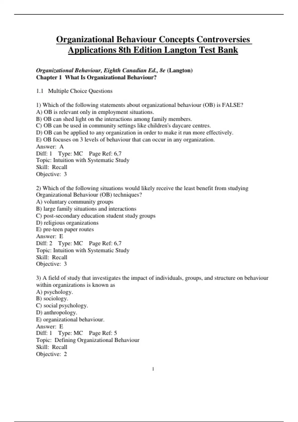 Test Bank for Organizational Behaviour Concepts Controversies ...