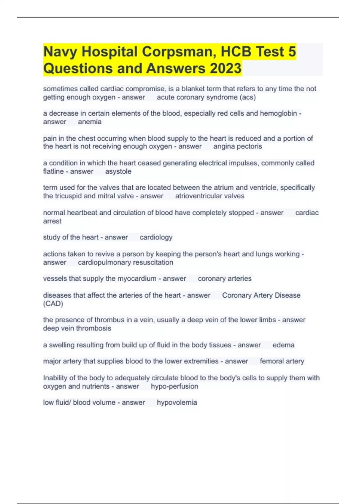 Navy Hospital Corpsman, HCB Test 5 Questions and Answers 2023 - Hcb ...