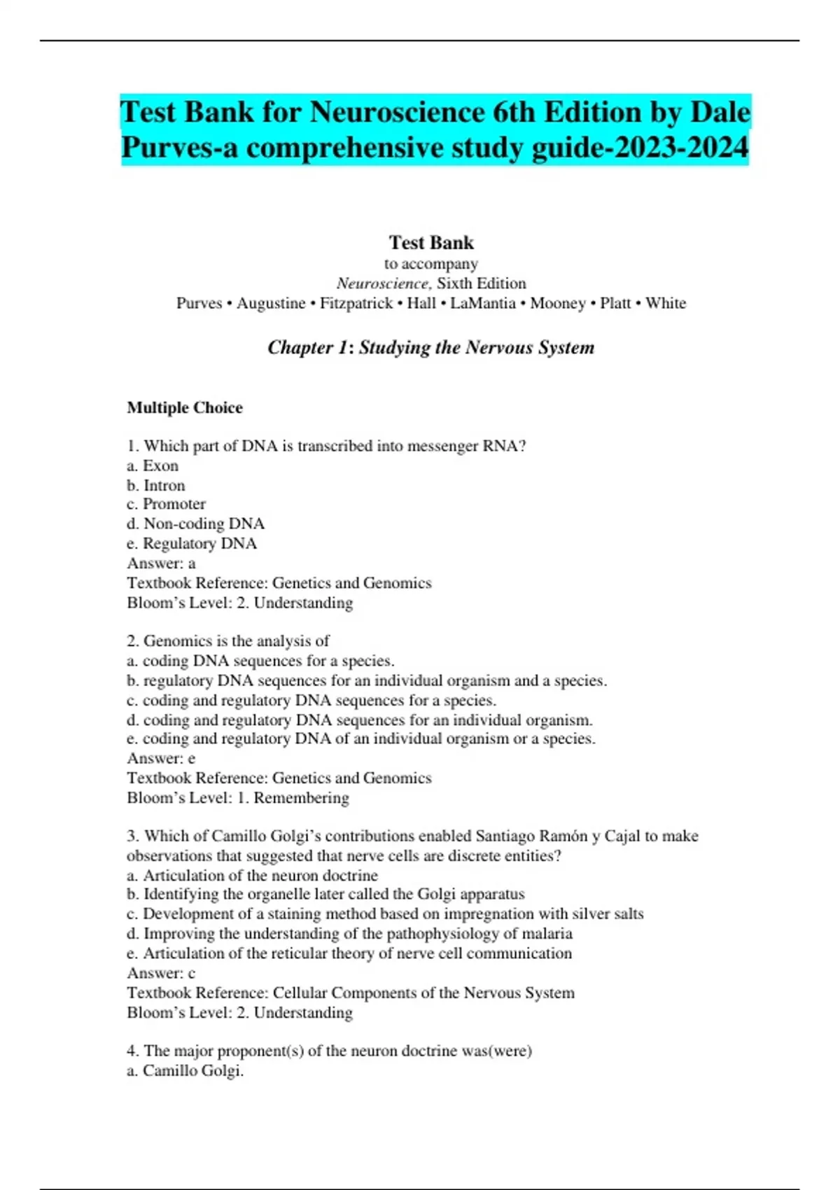 Test Bank for Neuroscience 6th Edition by Dale Purves-a comprehensive ...