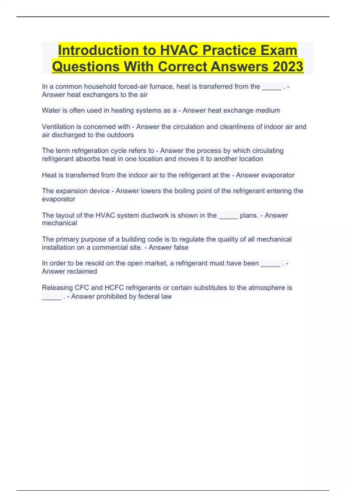 Introduction to HVAC Practice Exam Questions With Correct Answers 2023 ...