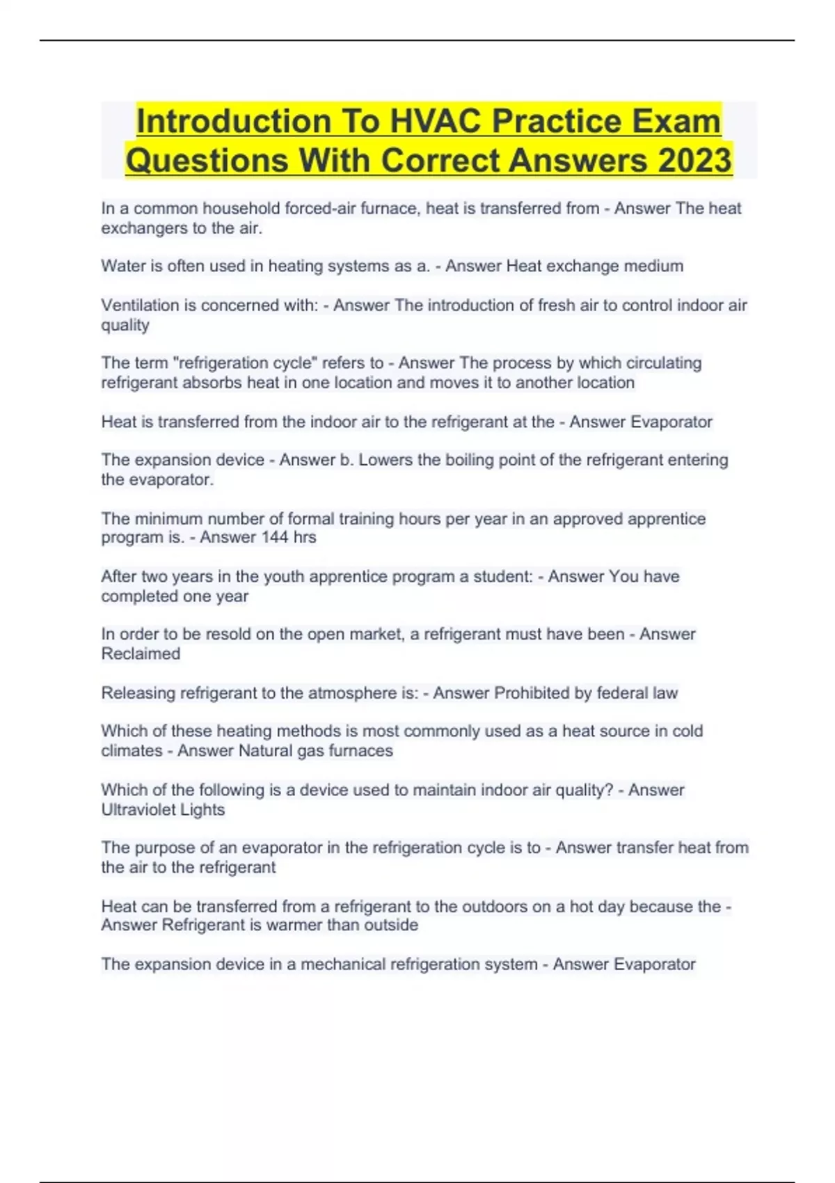 Introduction To HVAC Practice Exam Questions With Correct Answers 2023 ...