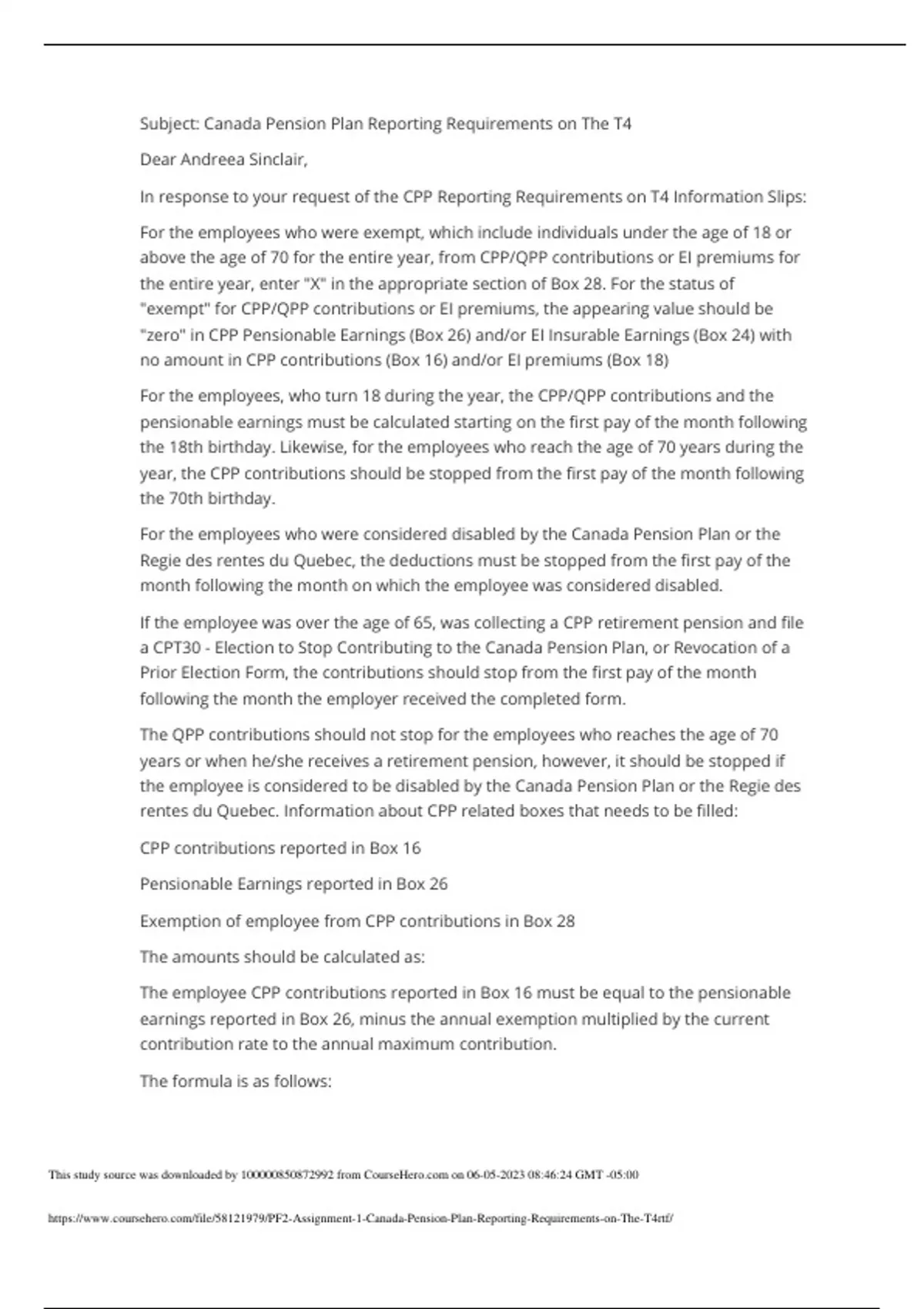 PF2 Assignment 1 - Canada Pension Plan Reporting Requirements on The T4 ...